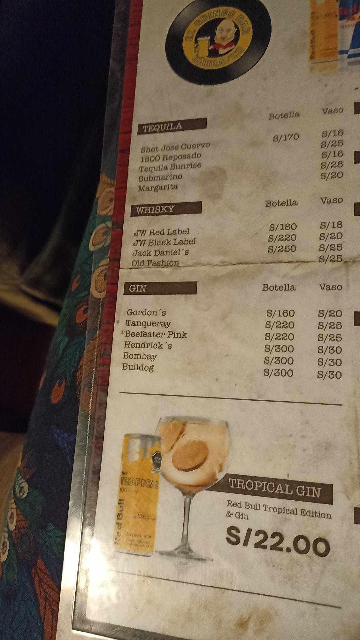 Carta de El Gringo Bar, Barranco