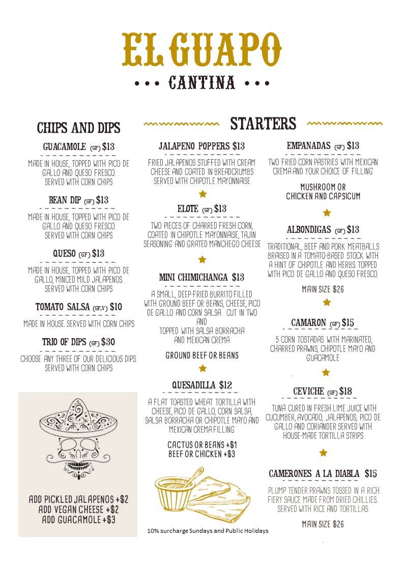 Carta del restaurante El Guapo Cantina, Neutral Bay