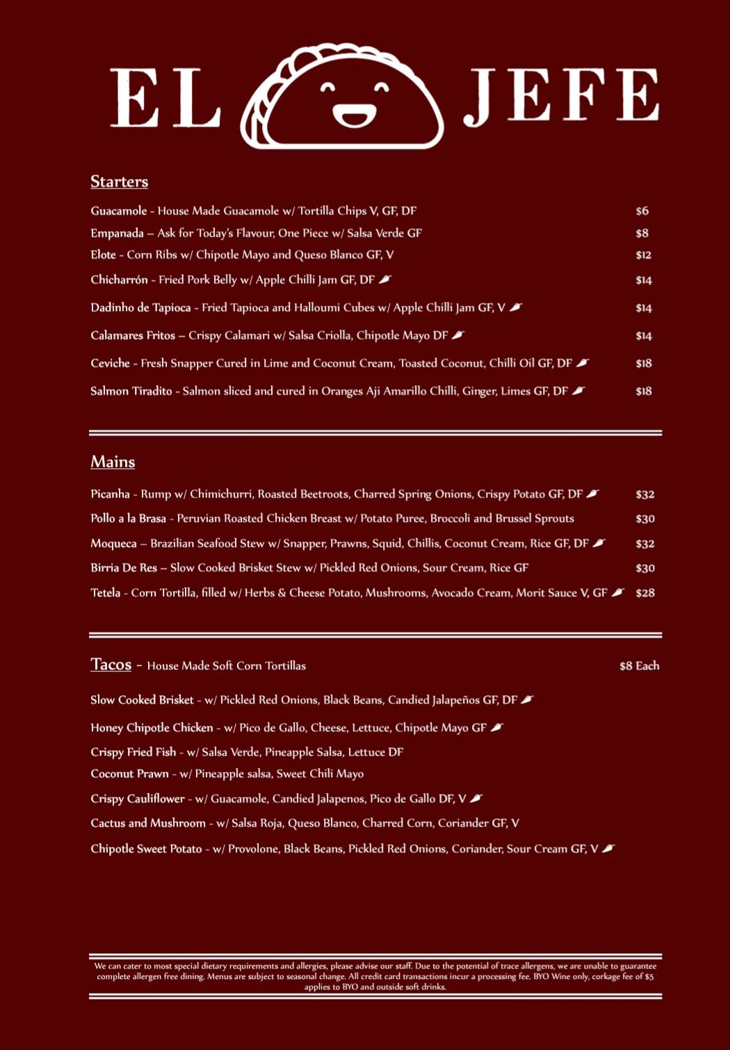 Menu at El Jefe Restaurant, North Sydney