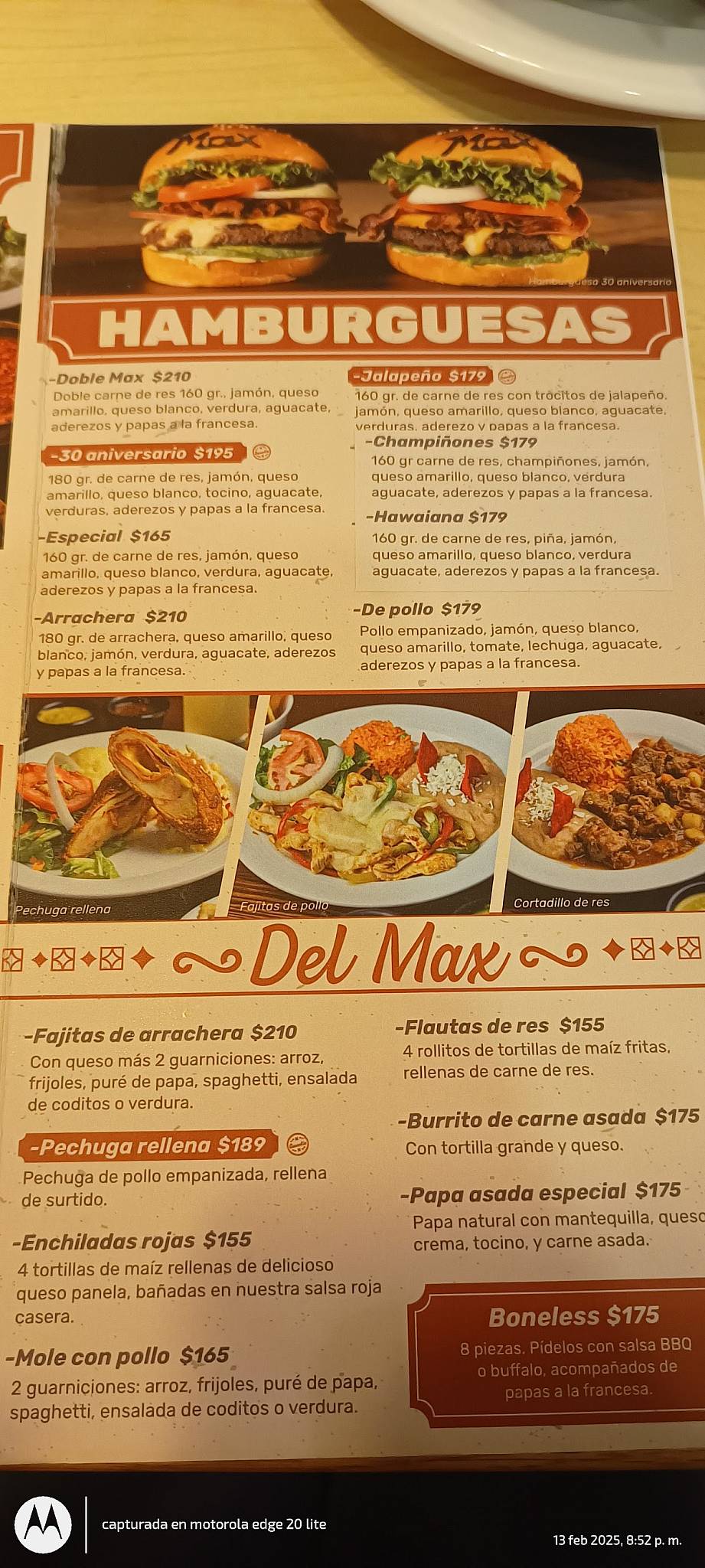 Carta del restaurante El Lugar del Max, Apodaca