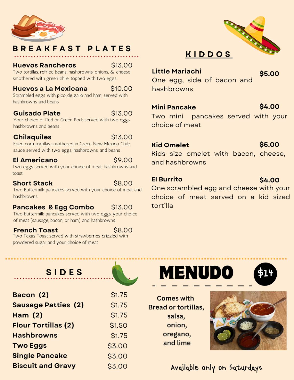 Menu at El Mariachi Restaurant, Spearman