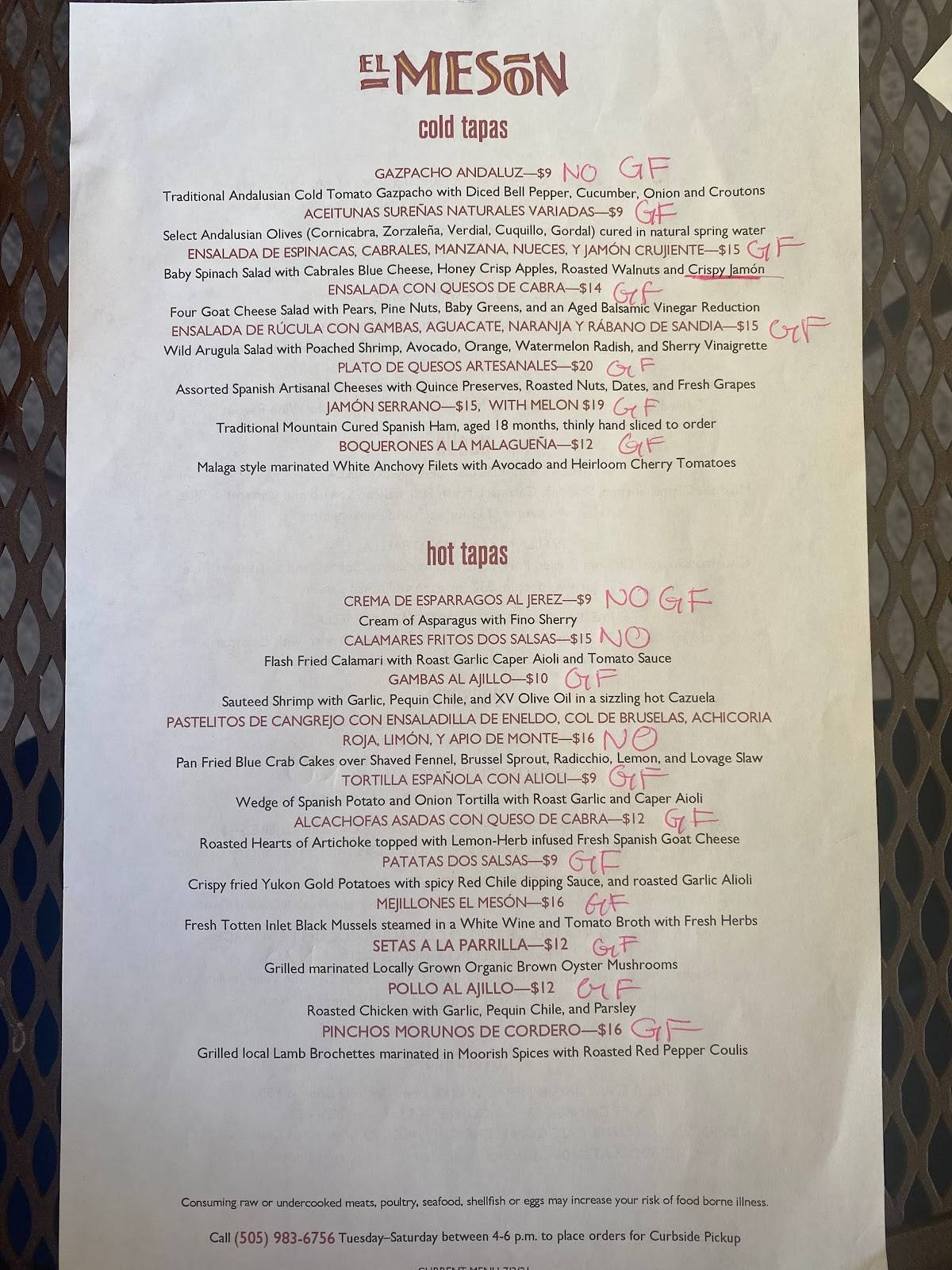 Menu at El Mesón Restaurant and Tapas Bar, Santa Fe