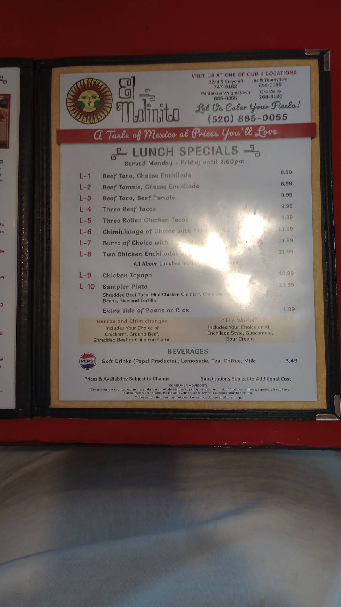 Menu at El Molinito restaurant, Tucson, 3675 W Ina Rd