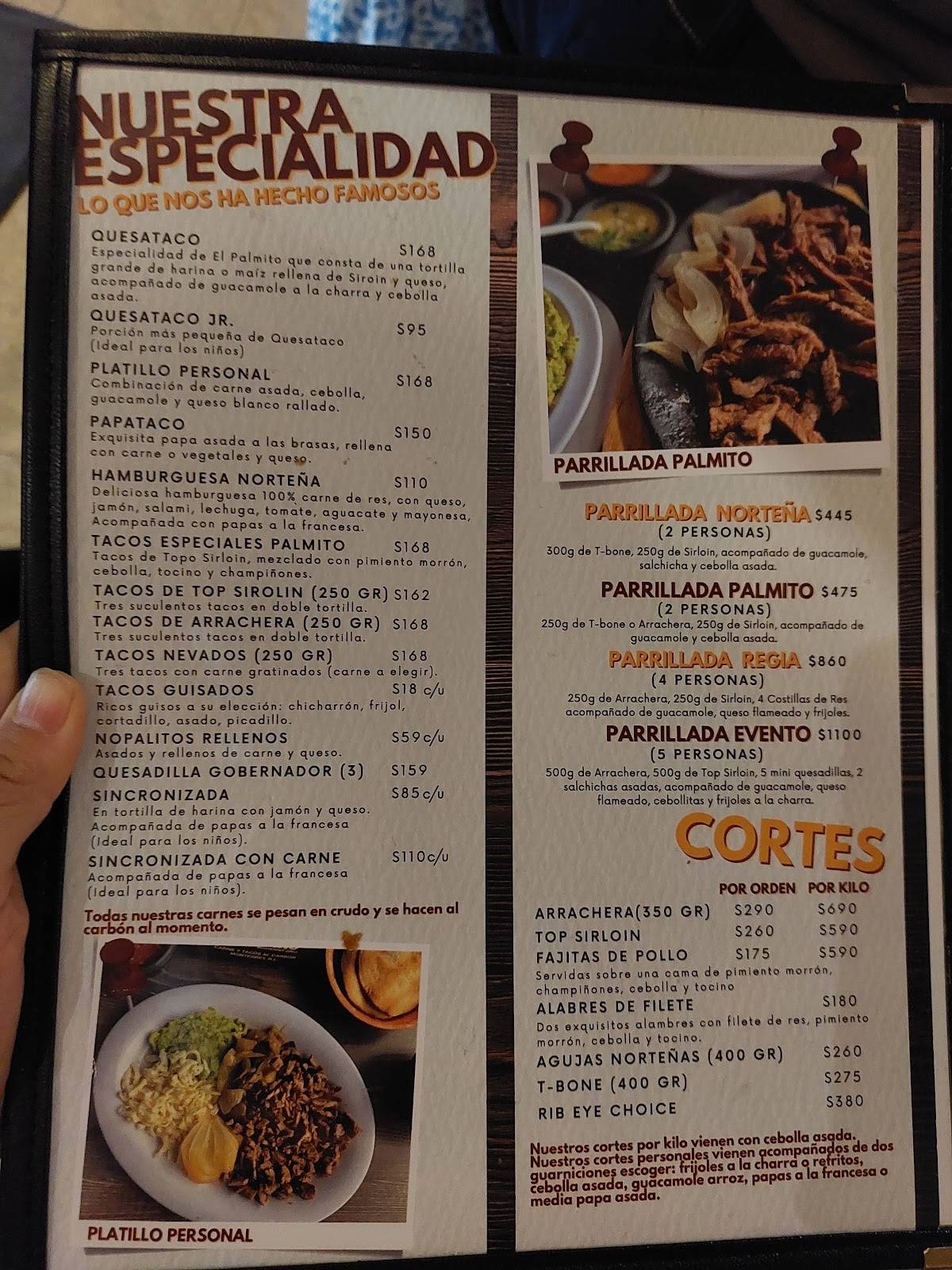 Carta del restaurante El Palmito, Monterrey, Av. Eugenio Garza Sada #3973