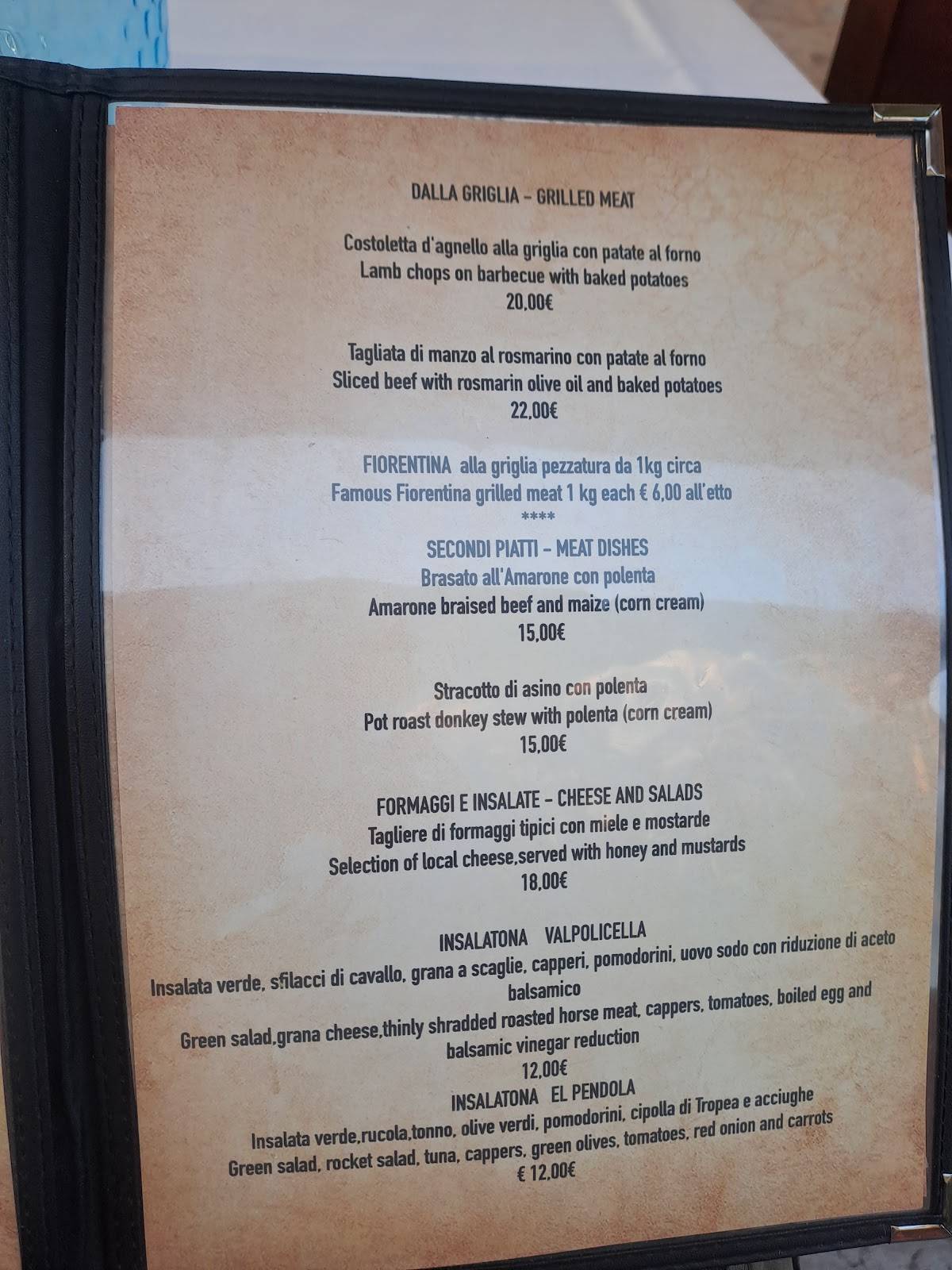 Menu da RISTORANTE EL PENDOLA, Fumane, Via Volta