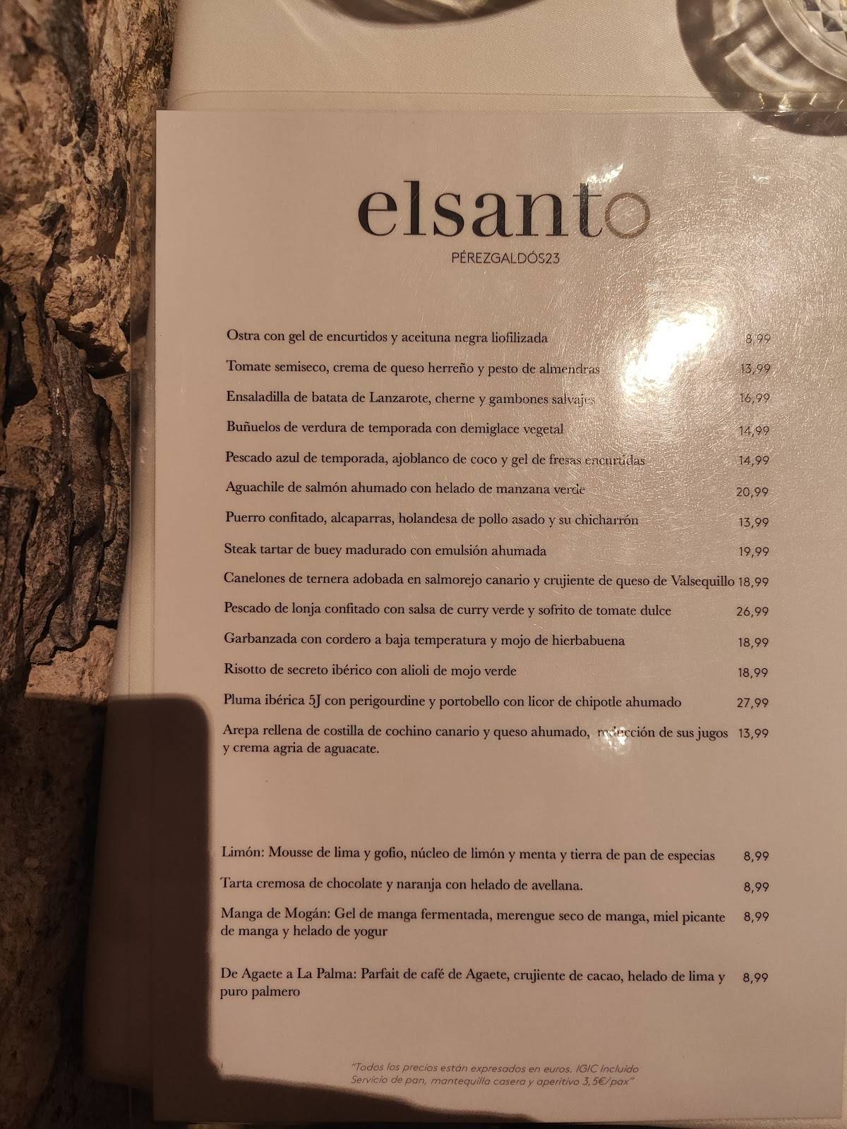 Carta de El Santo Restaurante, Las Palmas de Gran Canaria, C. Escritor ...