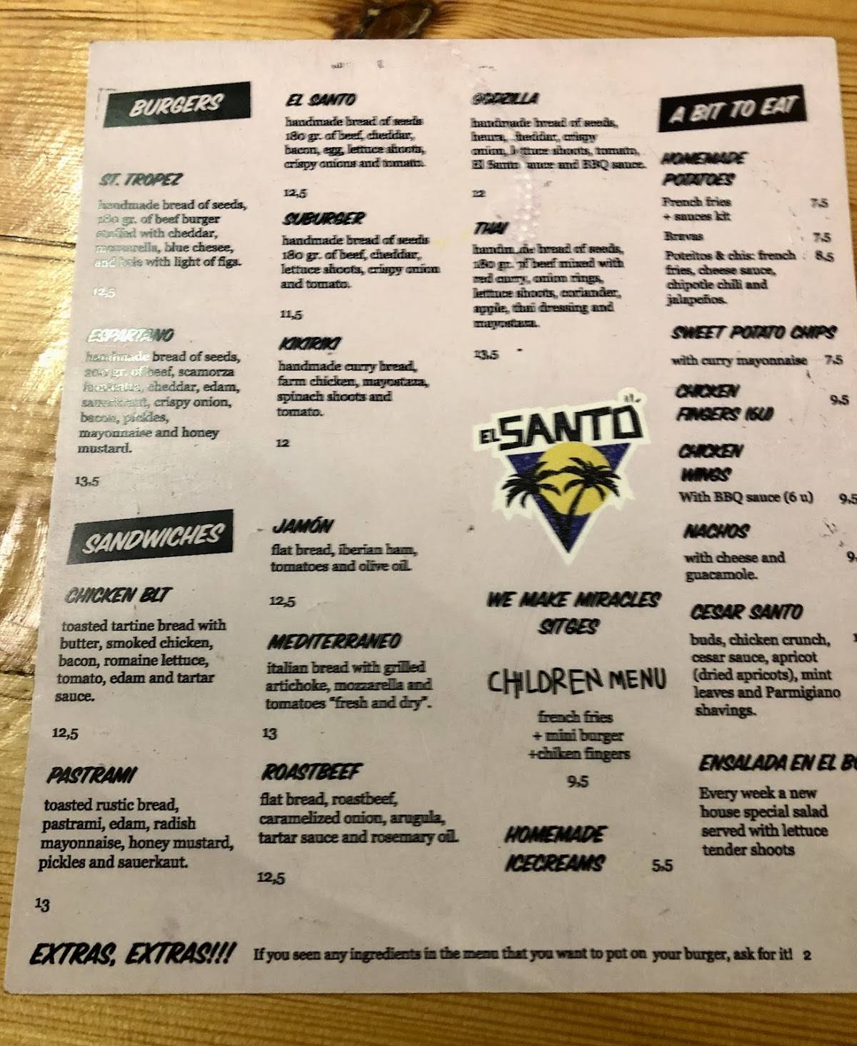 Carta del restaurante El Santo, Sitges