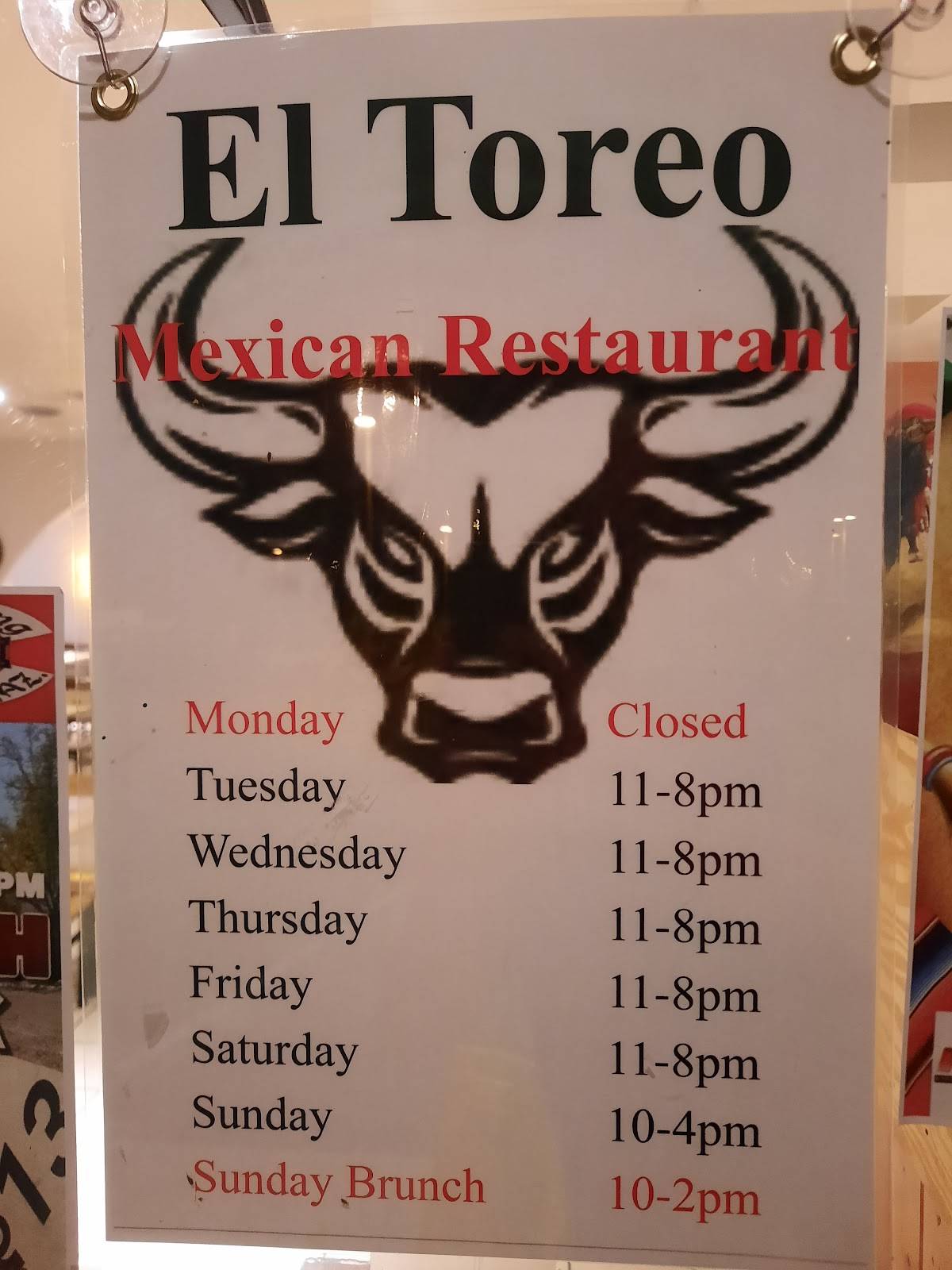 Menu at El Toreo restaurant, Clarkdale