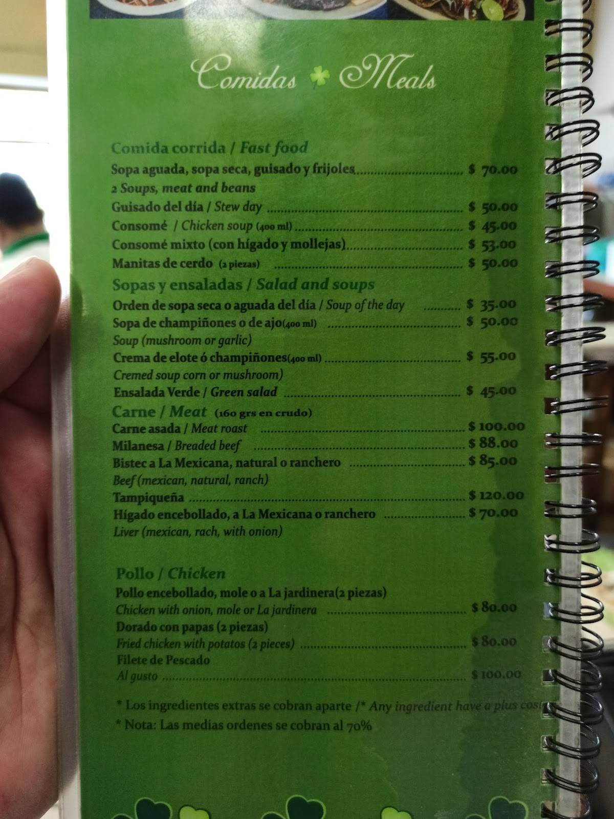 Carta del restaurante El Trebol, Colima, 16 del Septiembre 52