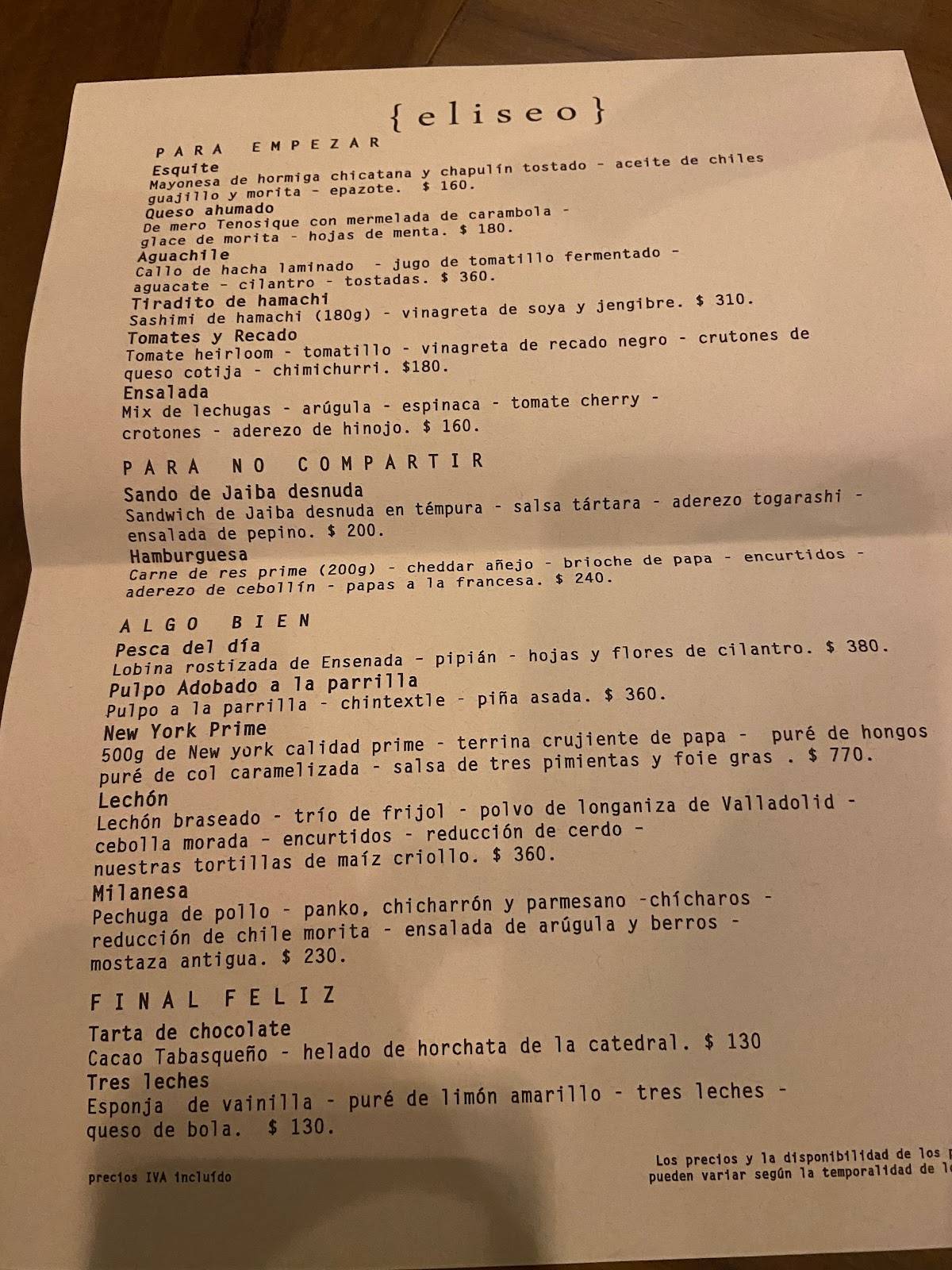 Carta de Eliseo Restaurante, Villahermosa