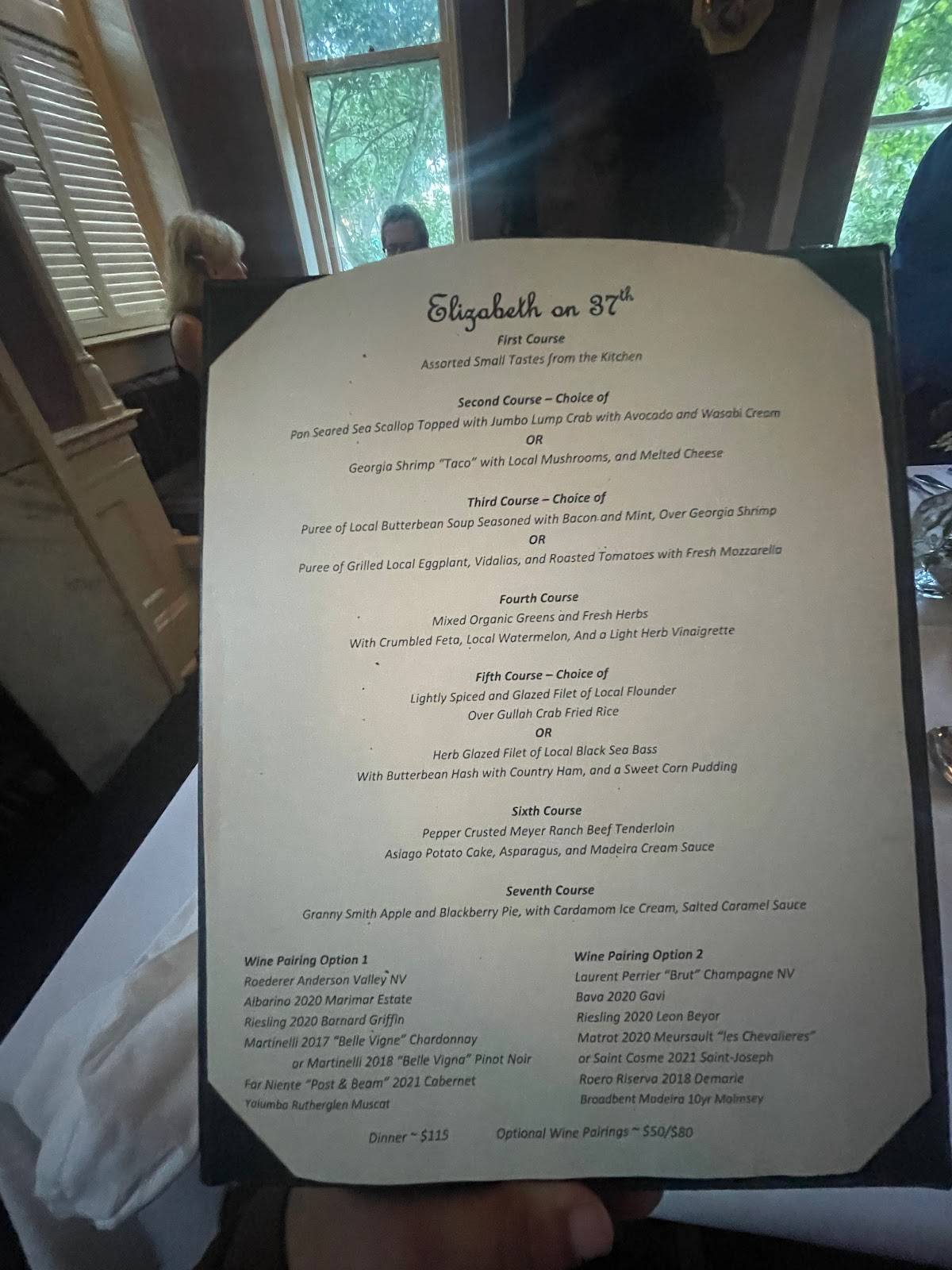 Menu at Elizabeth's on 37th restaurant, Savannah