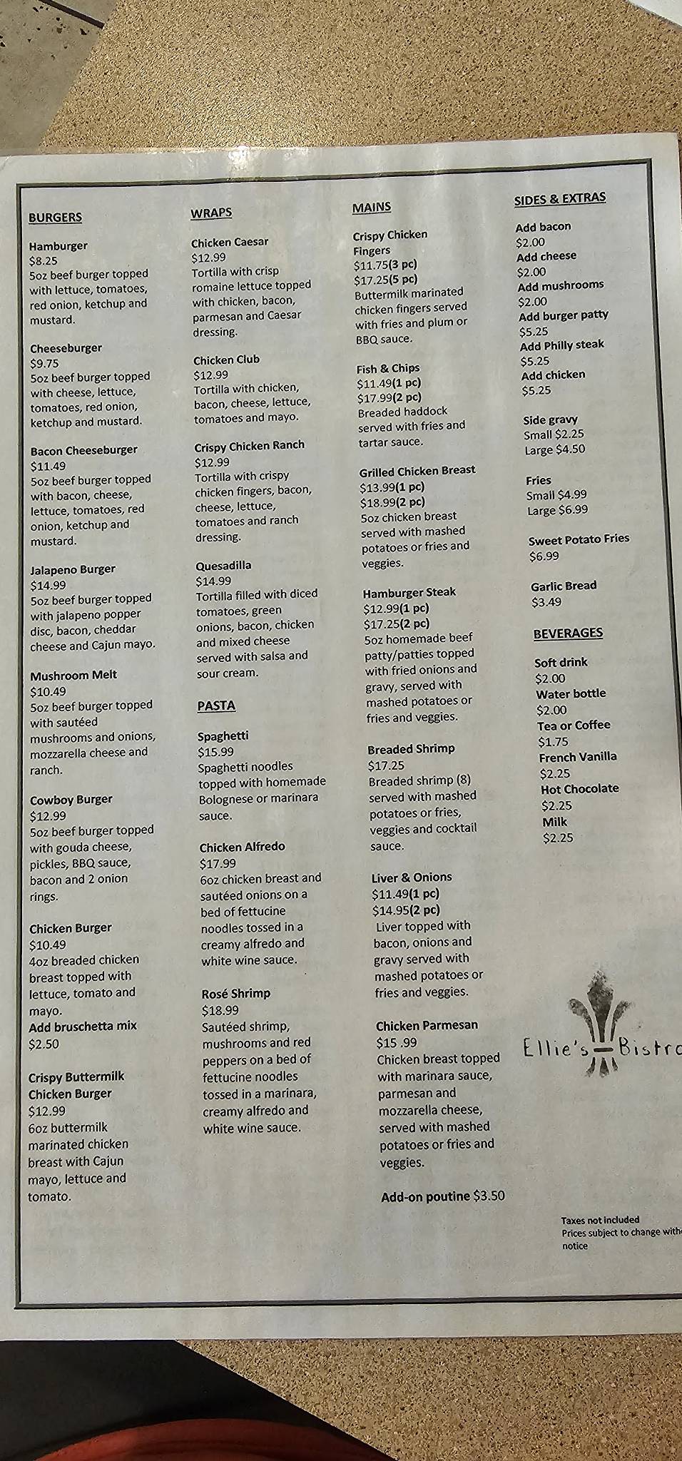 Menu at Ellie’s Bistro restaurant, Smooth Rock Falls