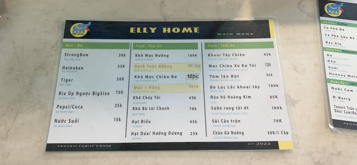 Menu at Elly Home Coffee cafe, Ho Chi Minh City