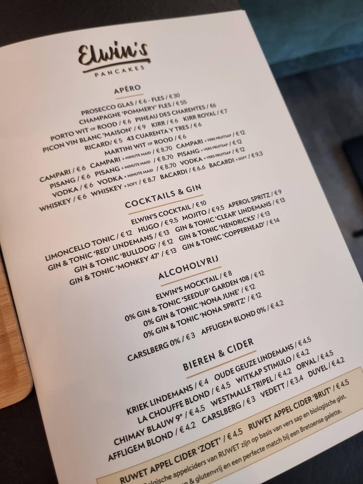 Menu at Elwin's Pancakes, Aalst