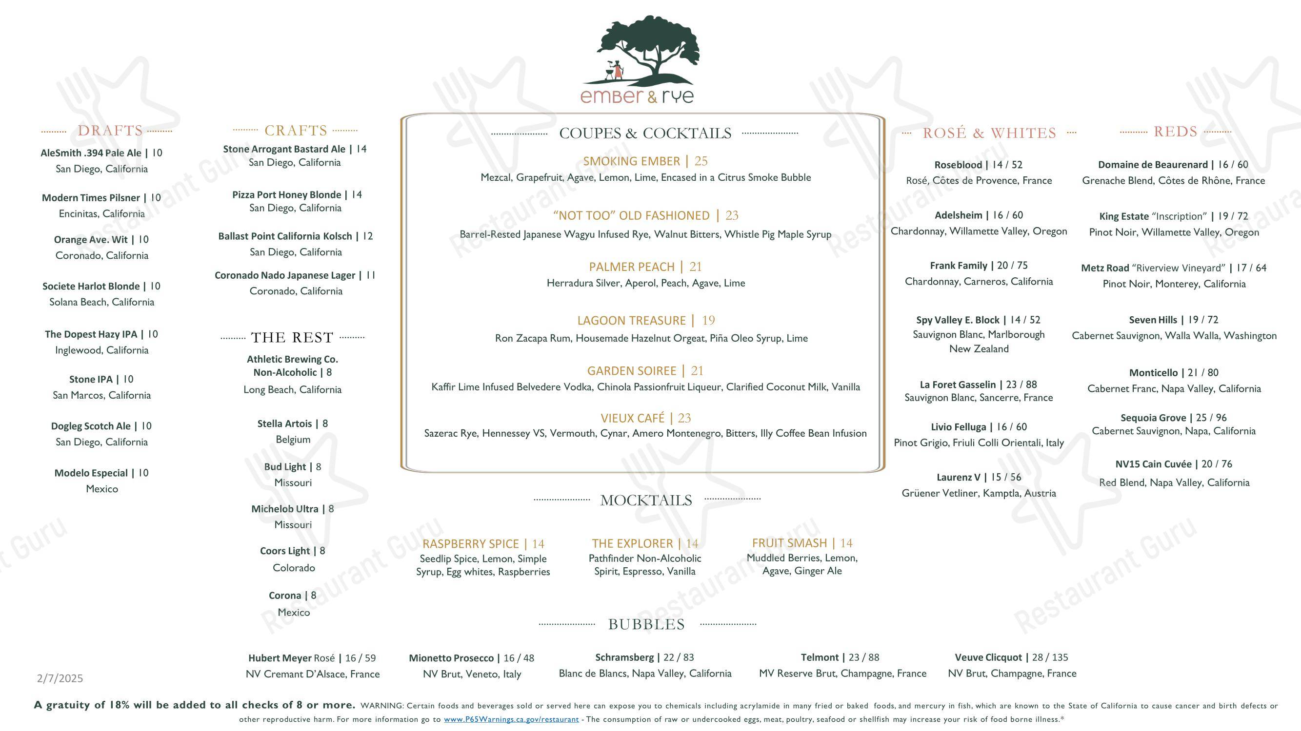 Menu at Ember & Rye steakhouse, Carlsbad