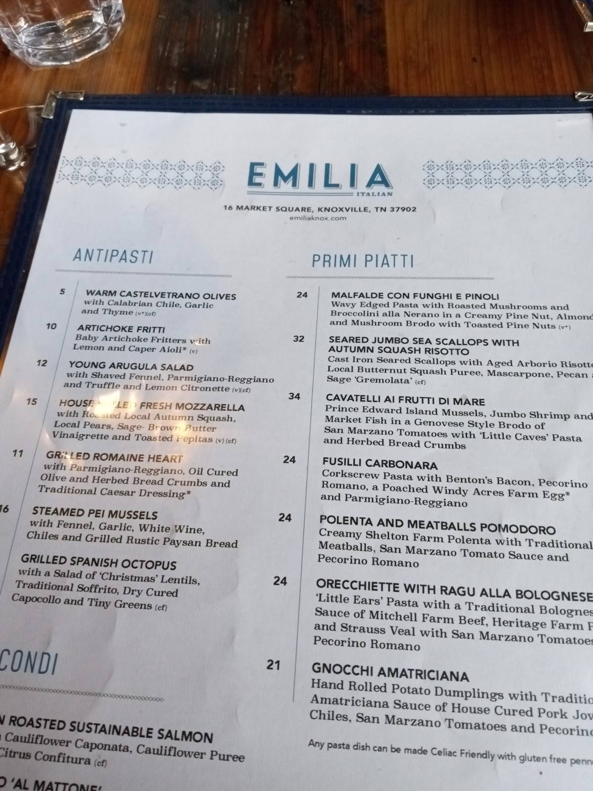 Menu at Emilia restaurant, Knoxville