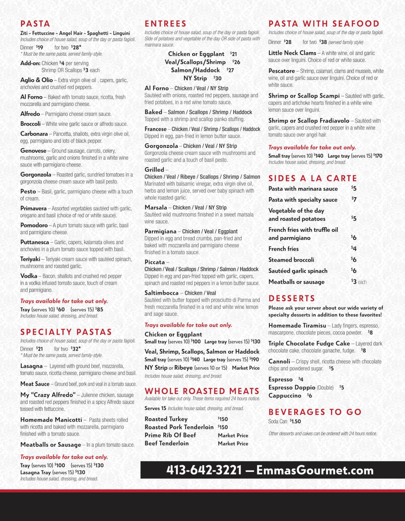 Menu at Emma's Everyday Gourmet Restaurant, Westfield