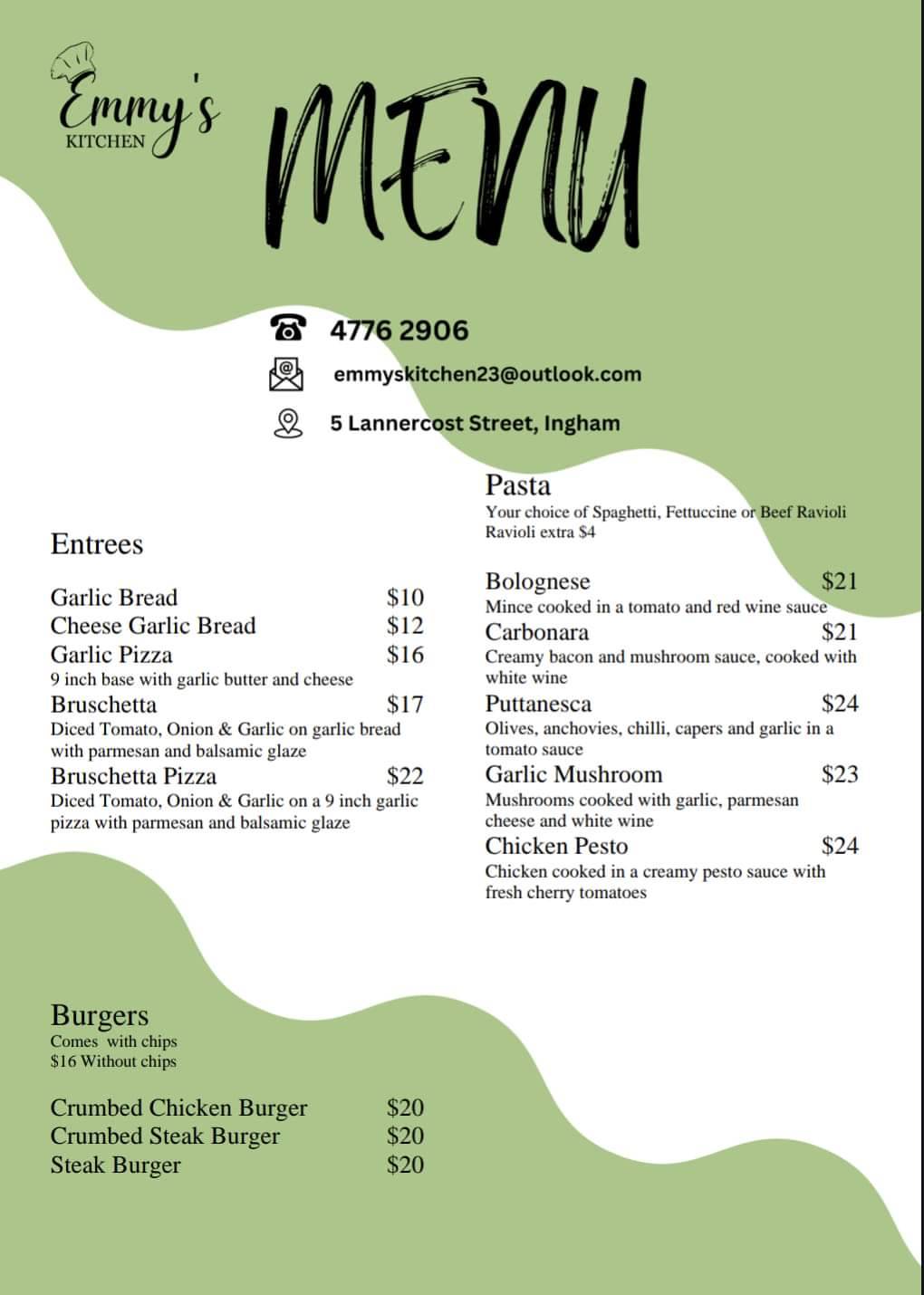 Menu at Emmy’s Kitchen restaurant, Ingham