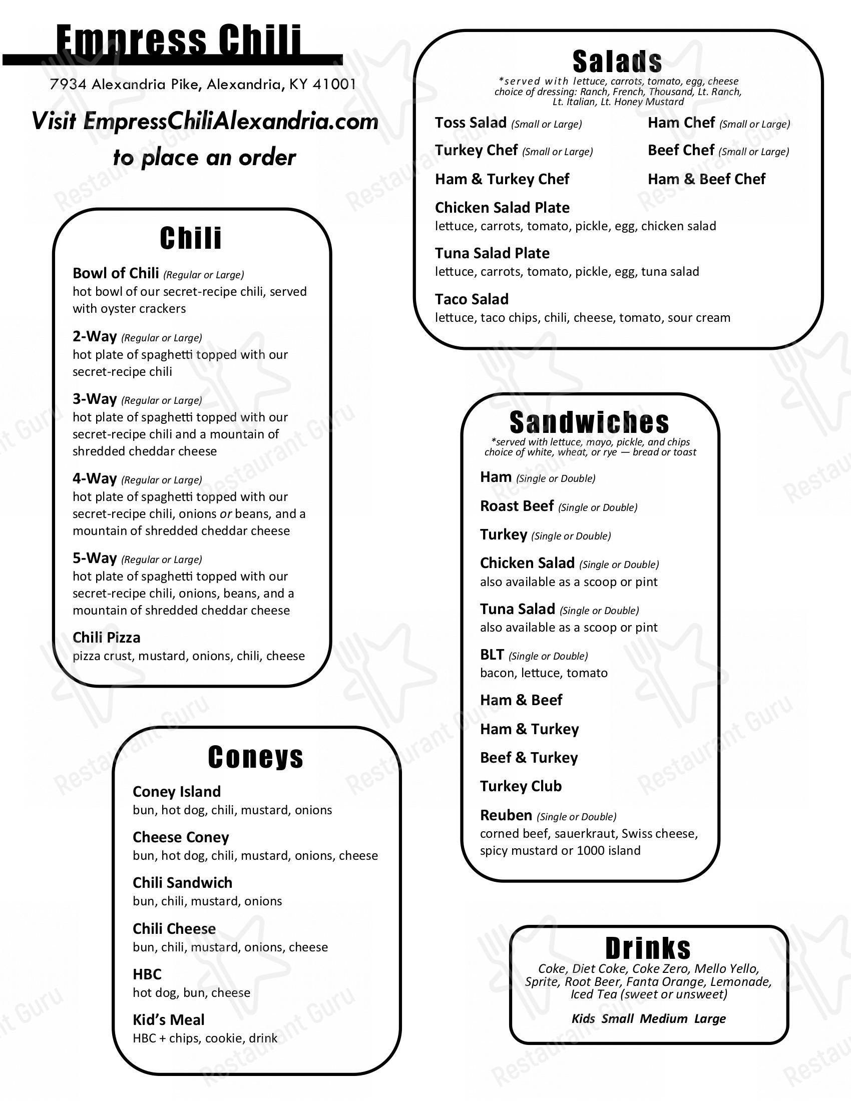 Menu at Empress Chili restaurant, Alexandria, Alexandria Pike
