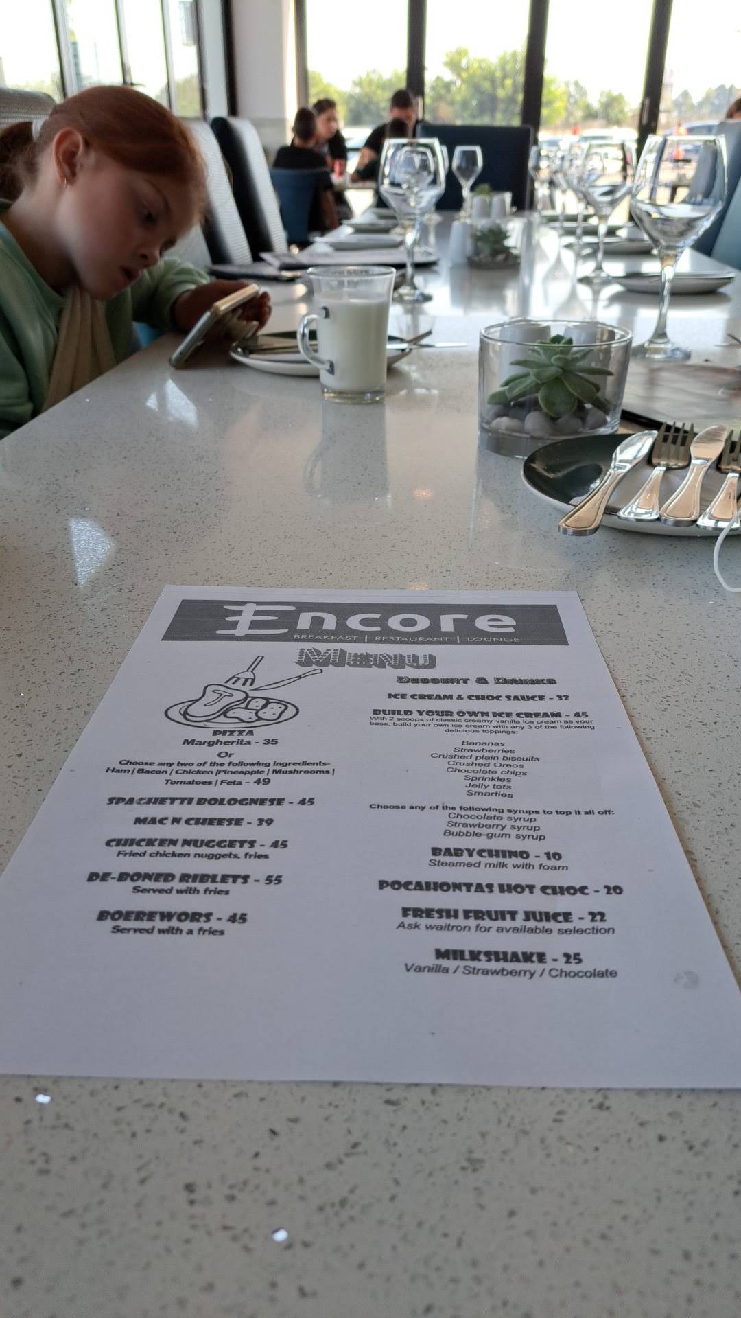 Menu at Encore Restaurant, Vereeniging