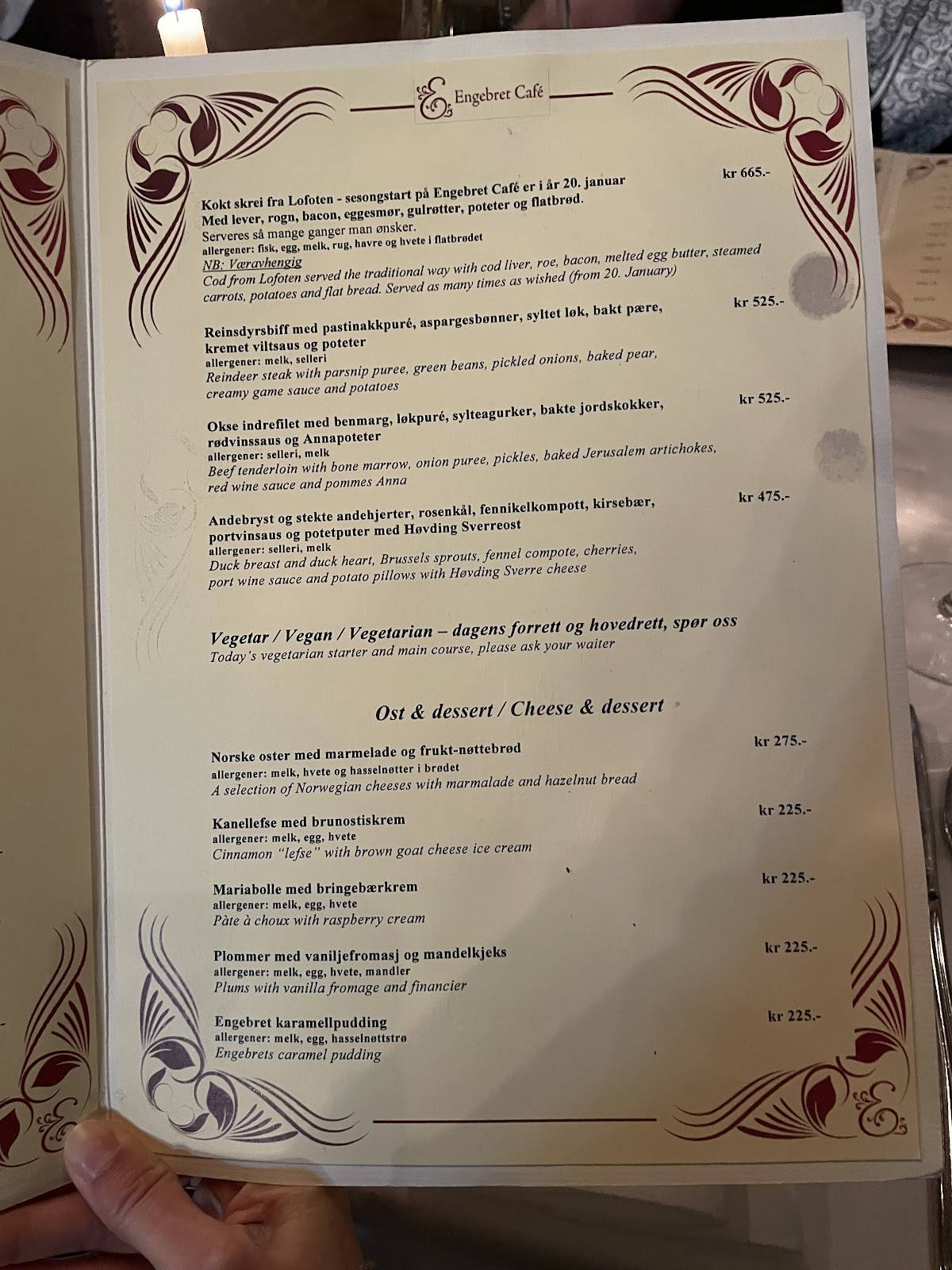 Menu at Engebret Cafe, Oslo