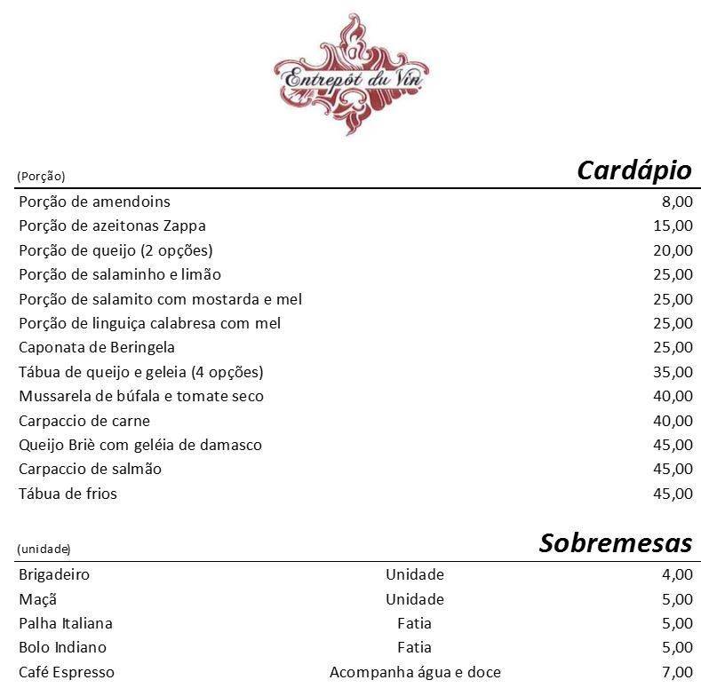 Menu em Entrepot du Vin pub & Bar, Tiradentes