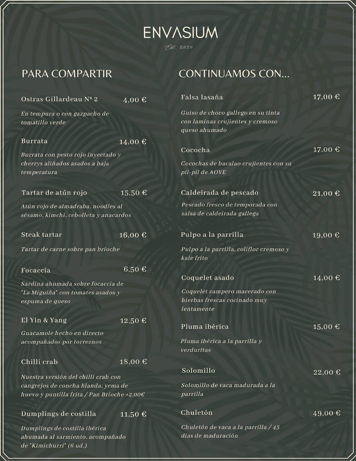 Menu at Envasium restaurant, Madrid
