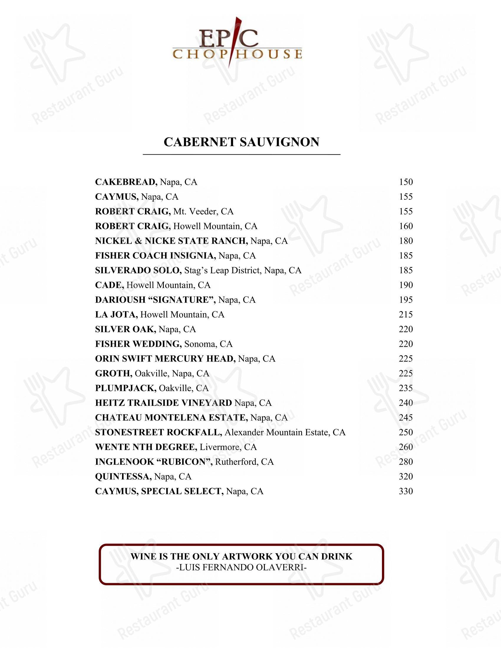 Menu at Epic Chophouse at Kingsley pub & bar, Fort Mill