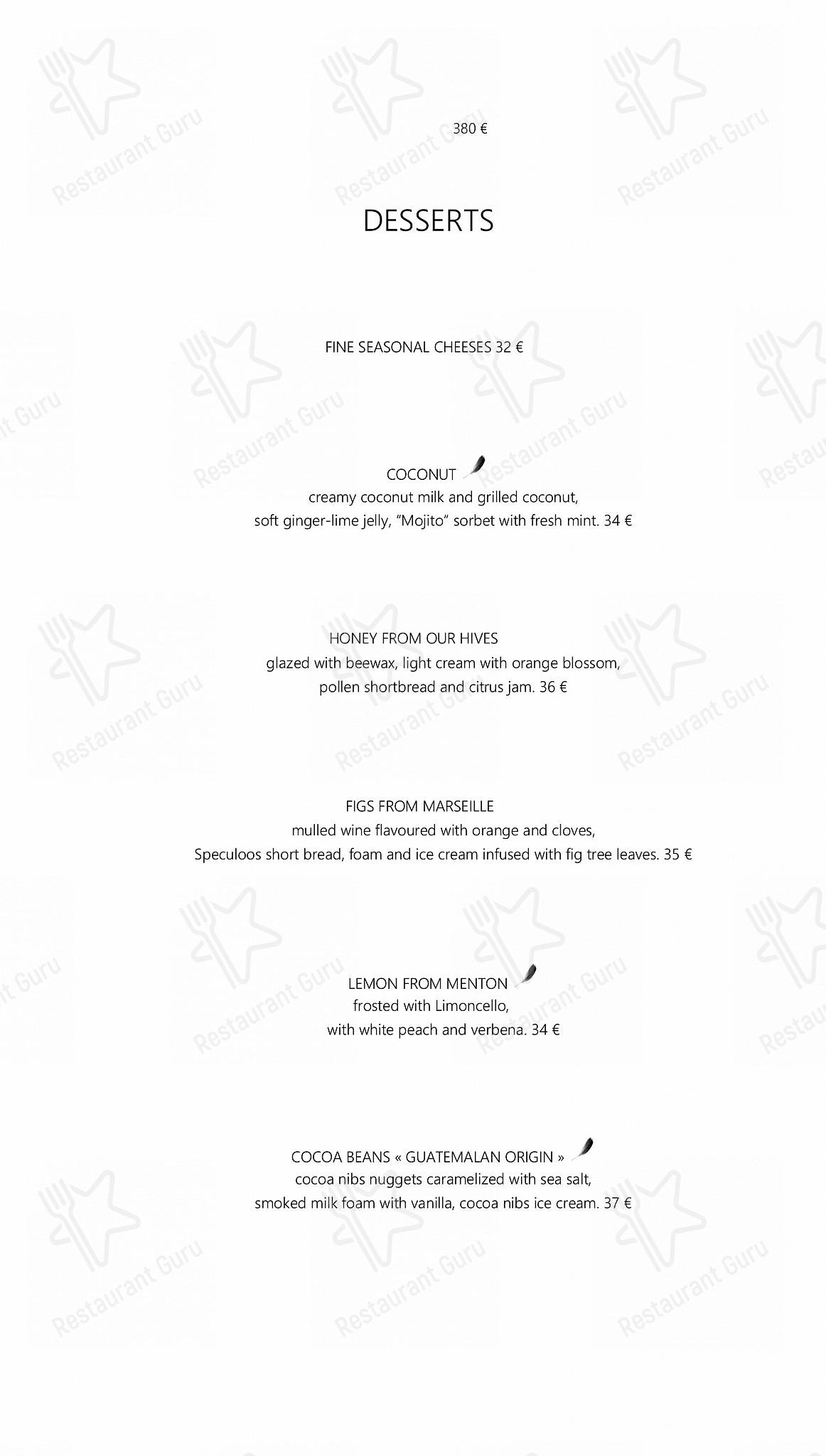 Menu at Epicure restaurant, Paris, 112 Rue du Faubourg Saint-Honoré