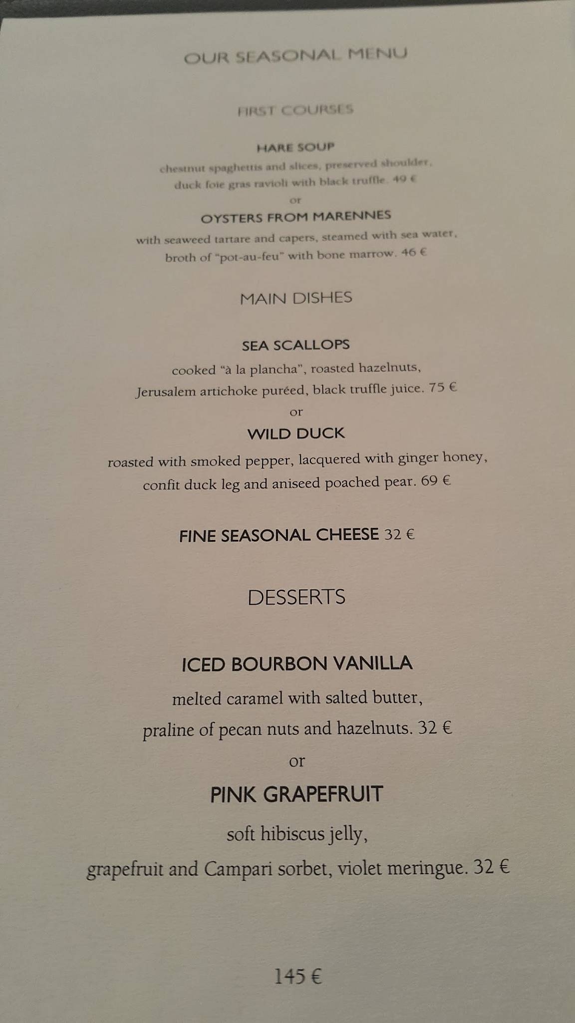 Menu at Epicure restaurant, Paris, 112 Rue du Faubourg Saint-Honoré