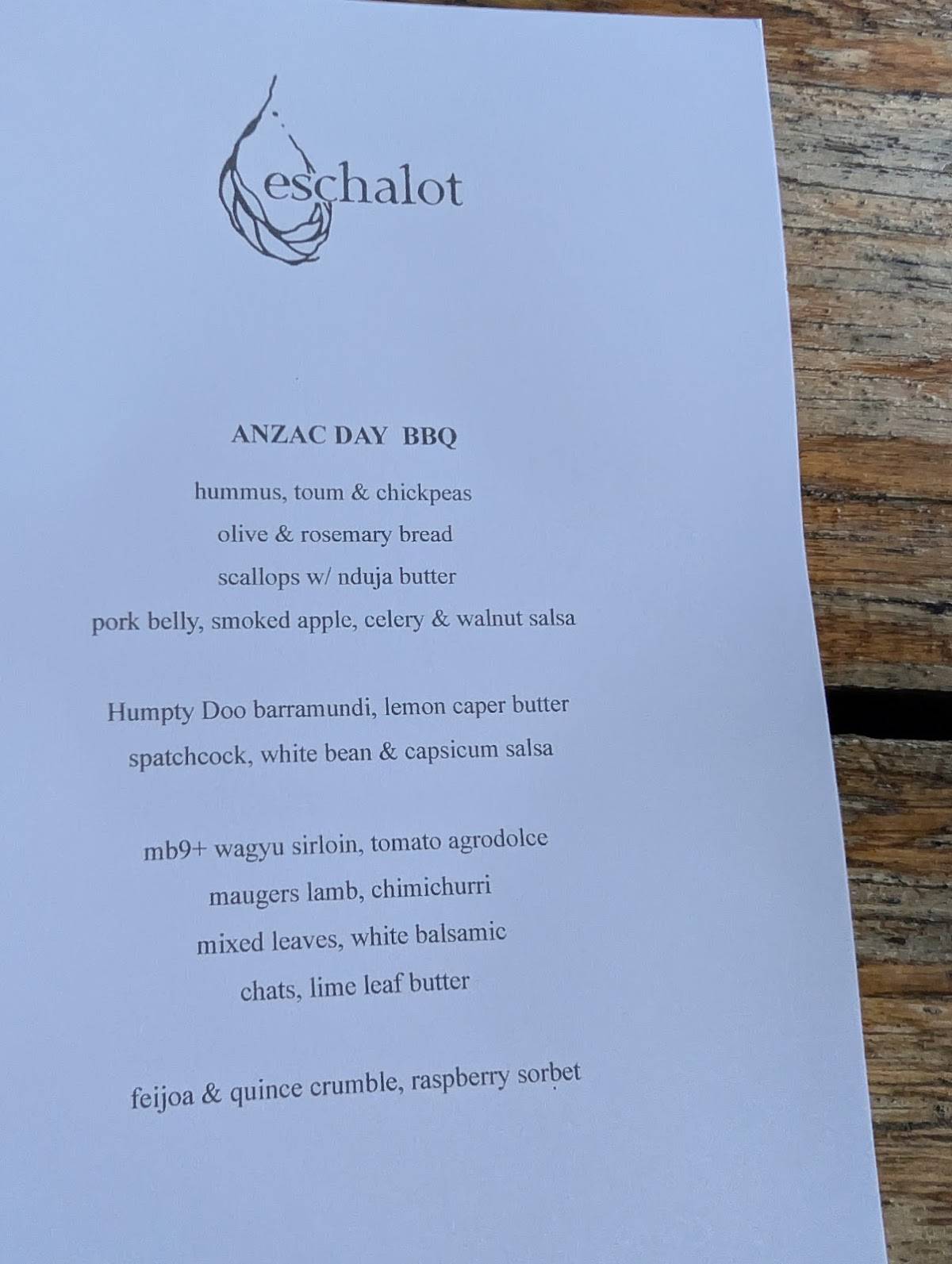 Menu at Eschalot Restaurant, Berrima