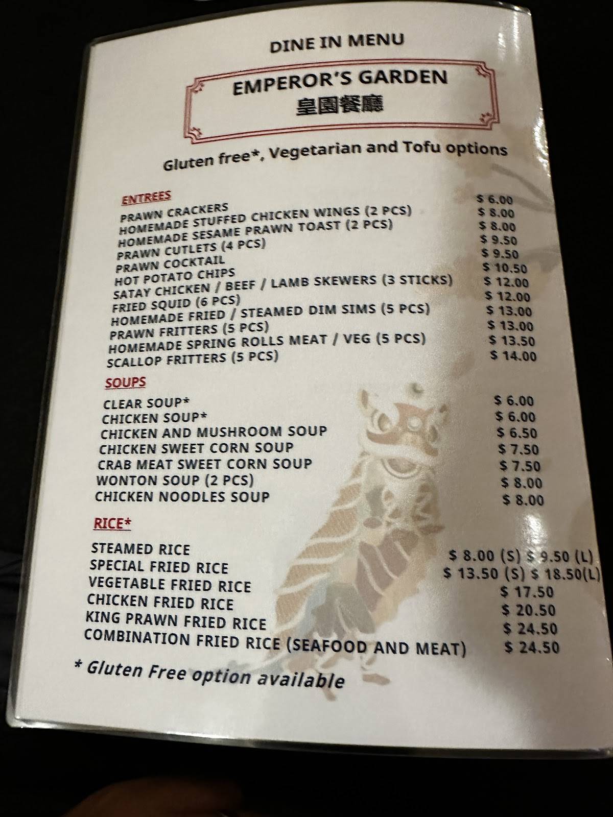 Menu at Emperor's Garden Chinese Restaurant, Esperance