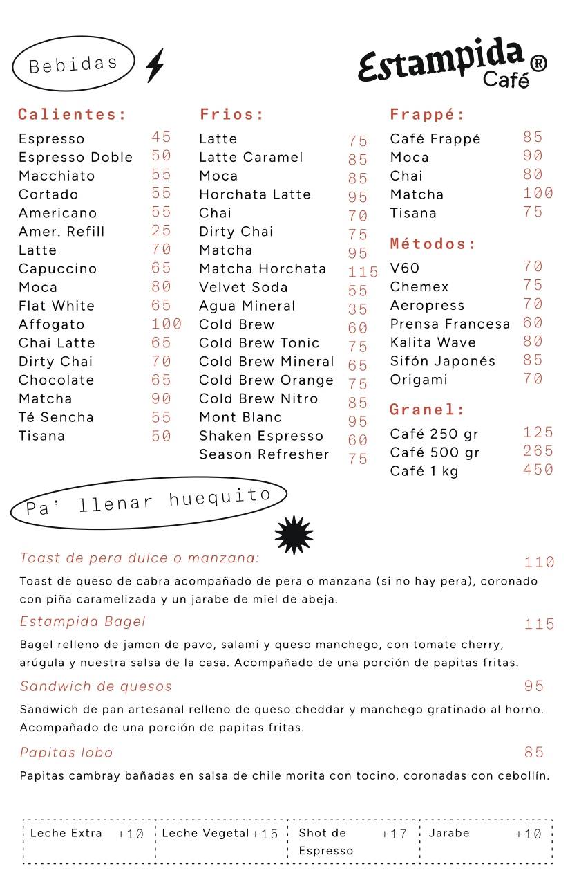 Carta de Estampida Café Café de especialidad y Brew bar, Zapopan