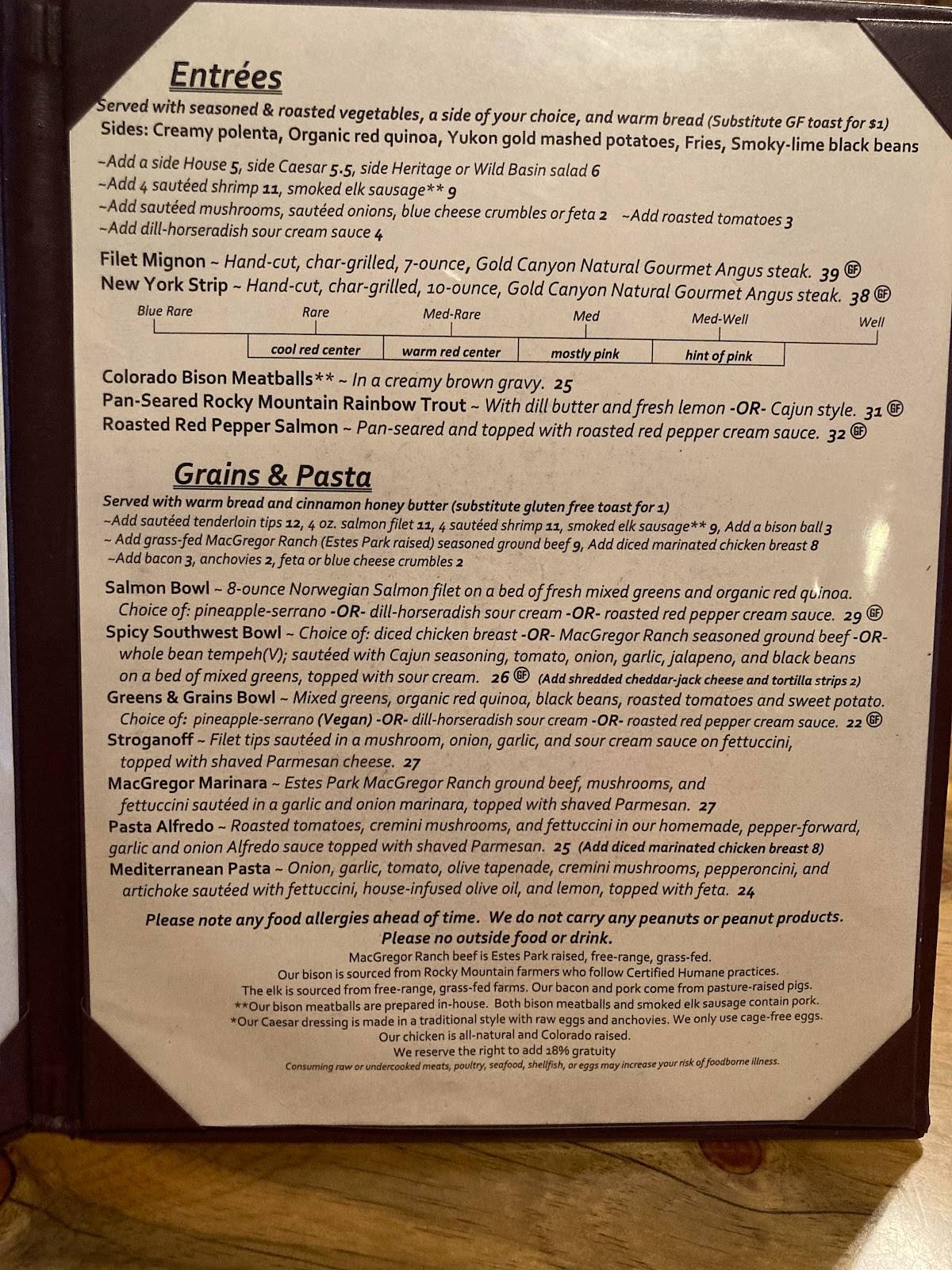 Menu at The Rock Inn Mountain Tavern steakhouse, Estes Park