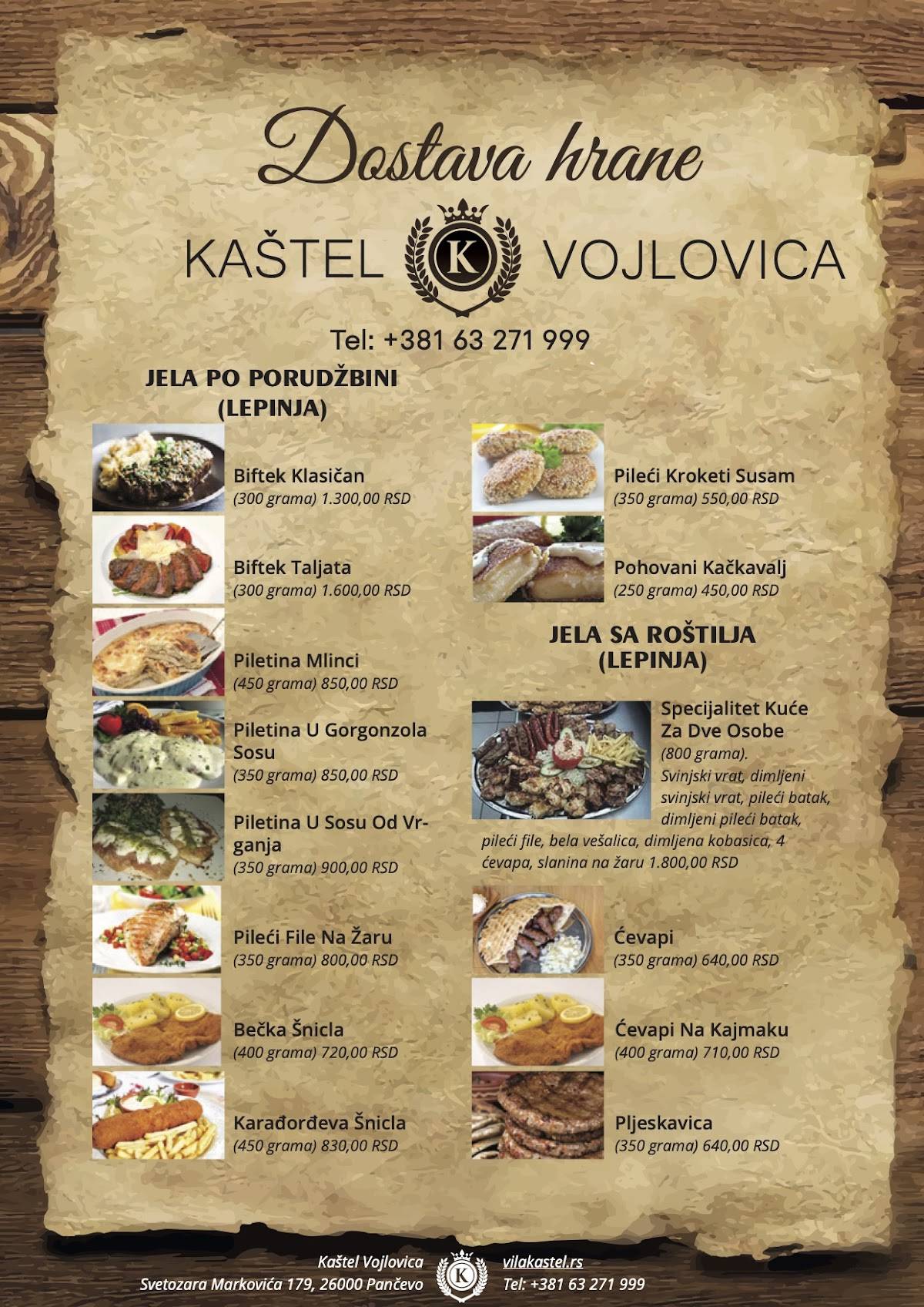 Menu at Hotel Restoran Kaštel Vojlovica restaurant, Pancevo