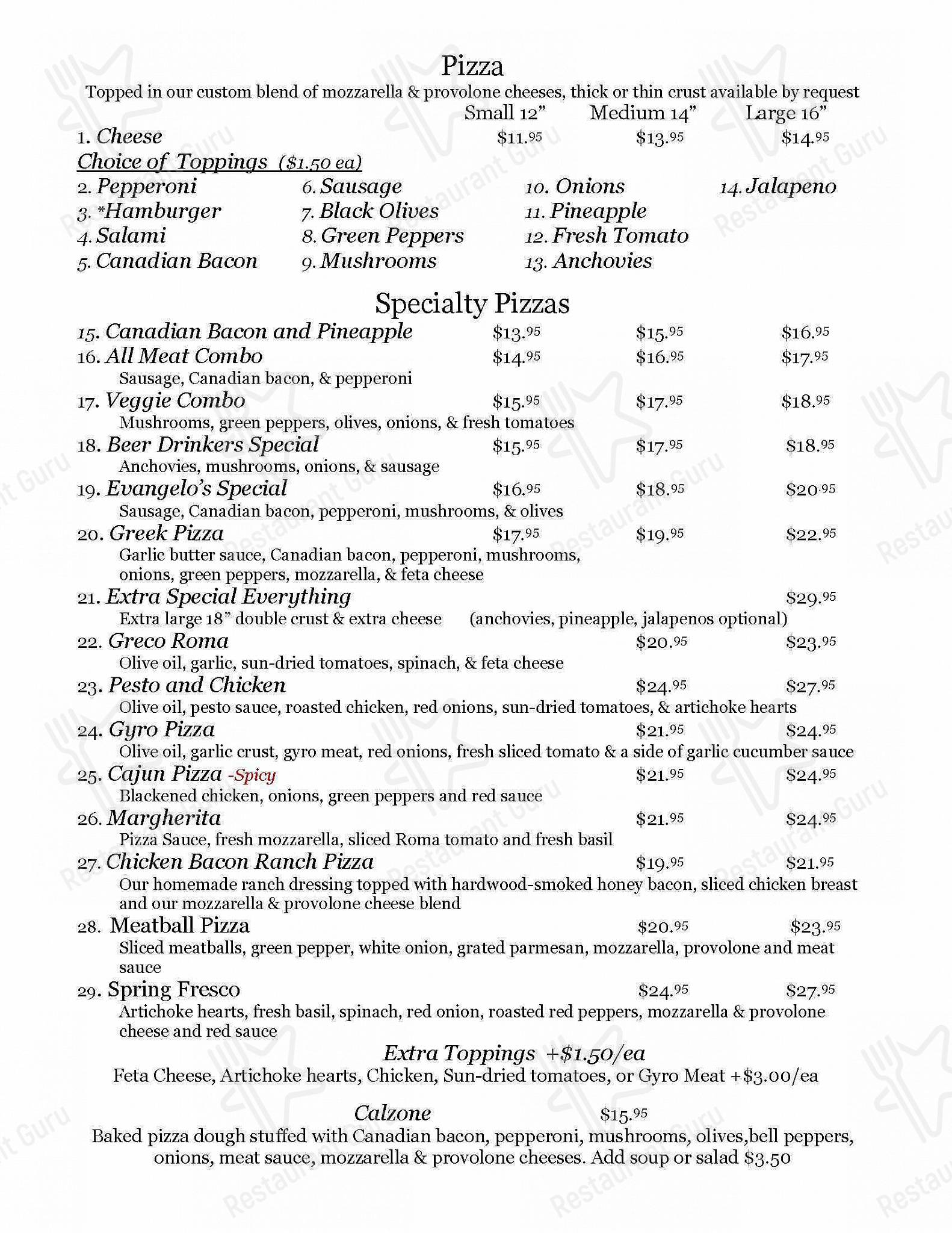 Menu at Evangelo's Restaurant, Wasilla, E Parks Hwy