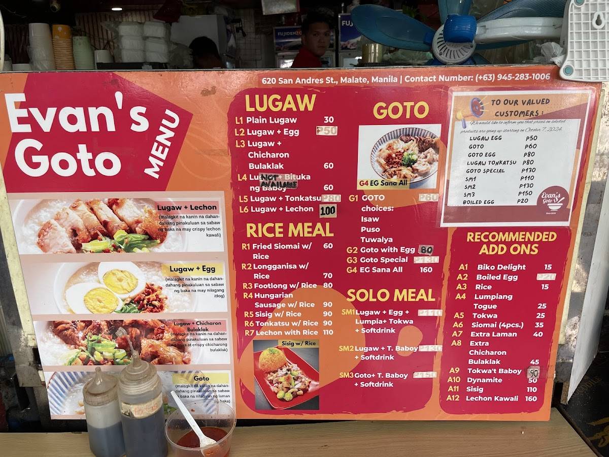 Menu at Evan's Goto restaurant, Manila