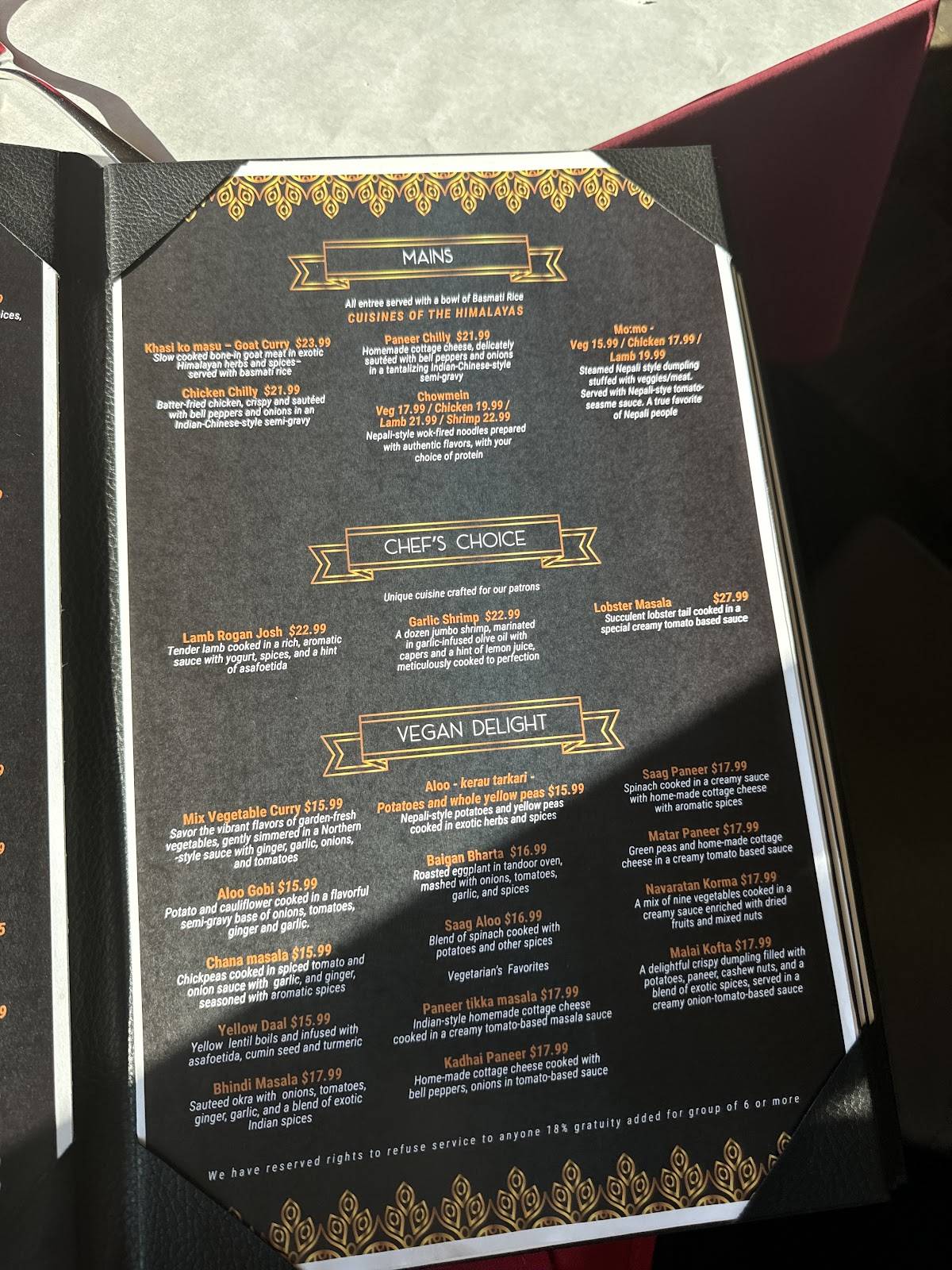 Menu at Everest Restaurant, Anchorage