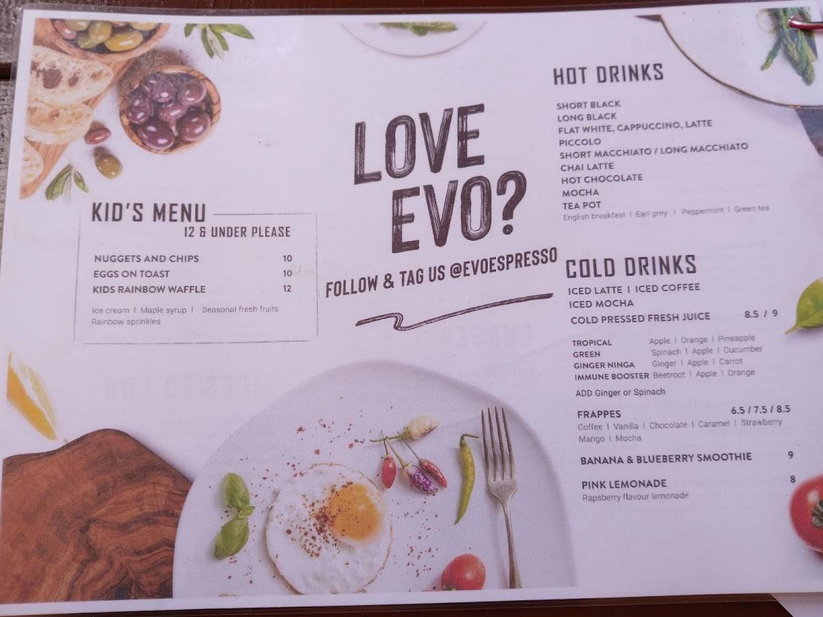 Menu at Evo Cafe, Yeronga