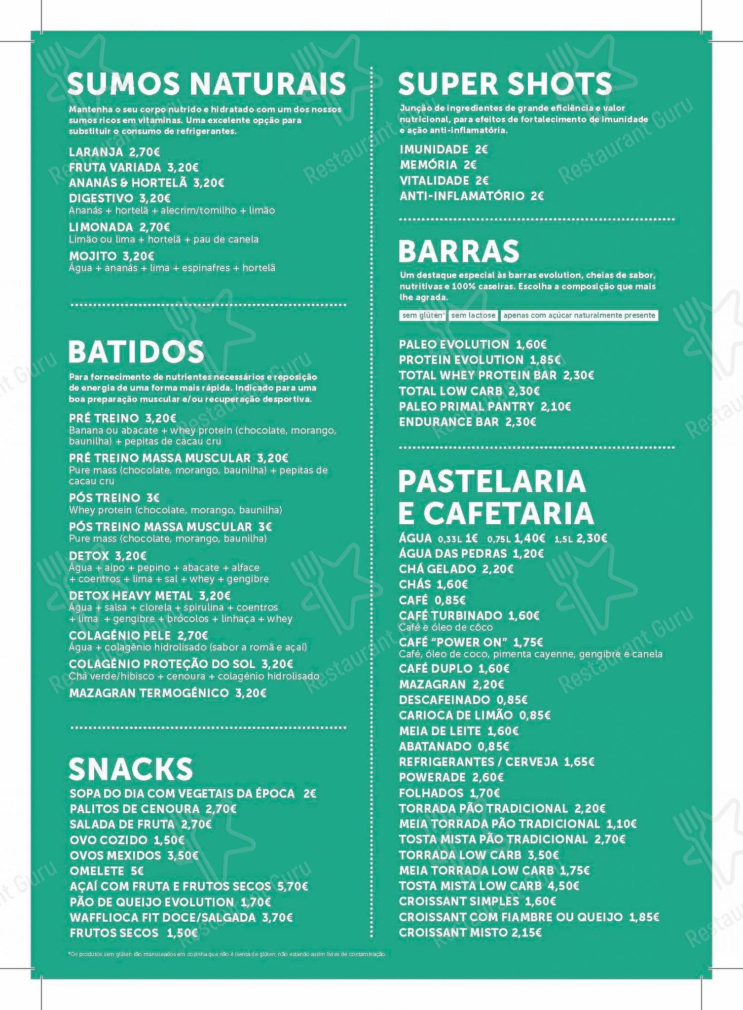 Menu at Evolution Foods, Lisbon