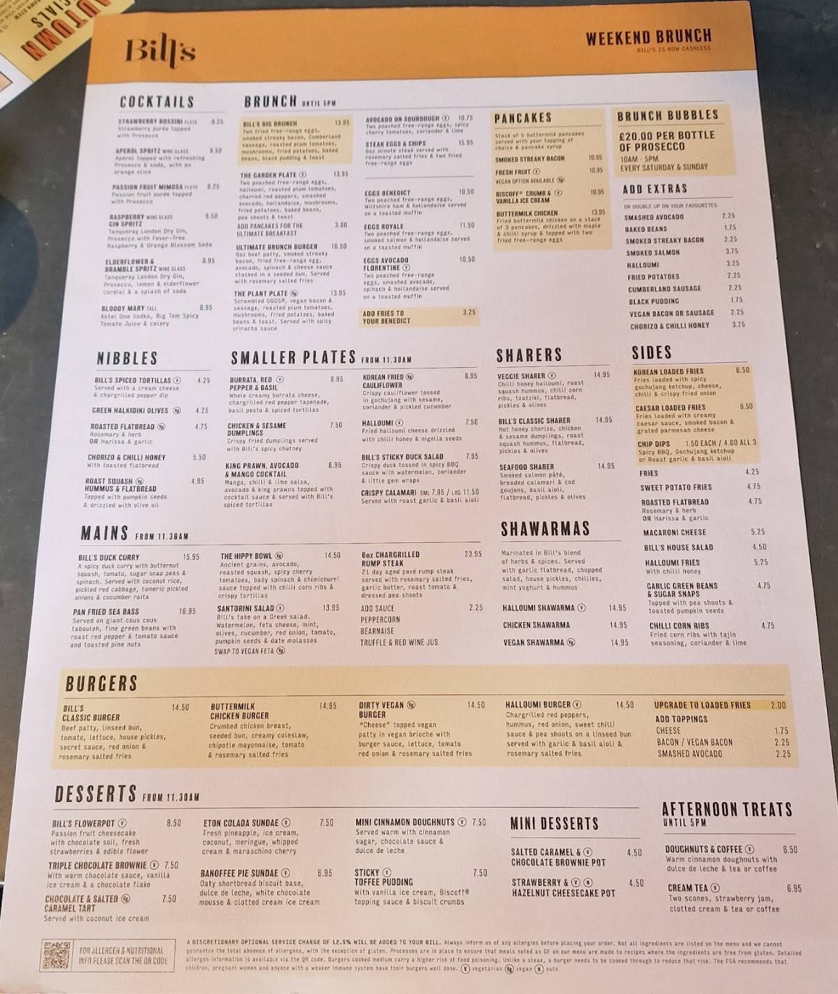Menu at Bill's Exeter Restaurant, Exeter