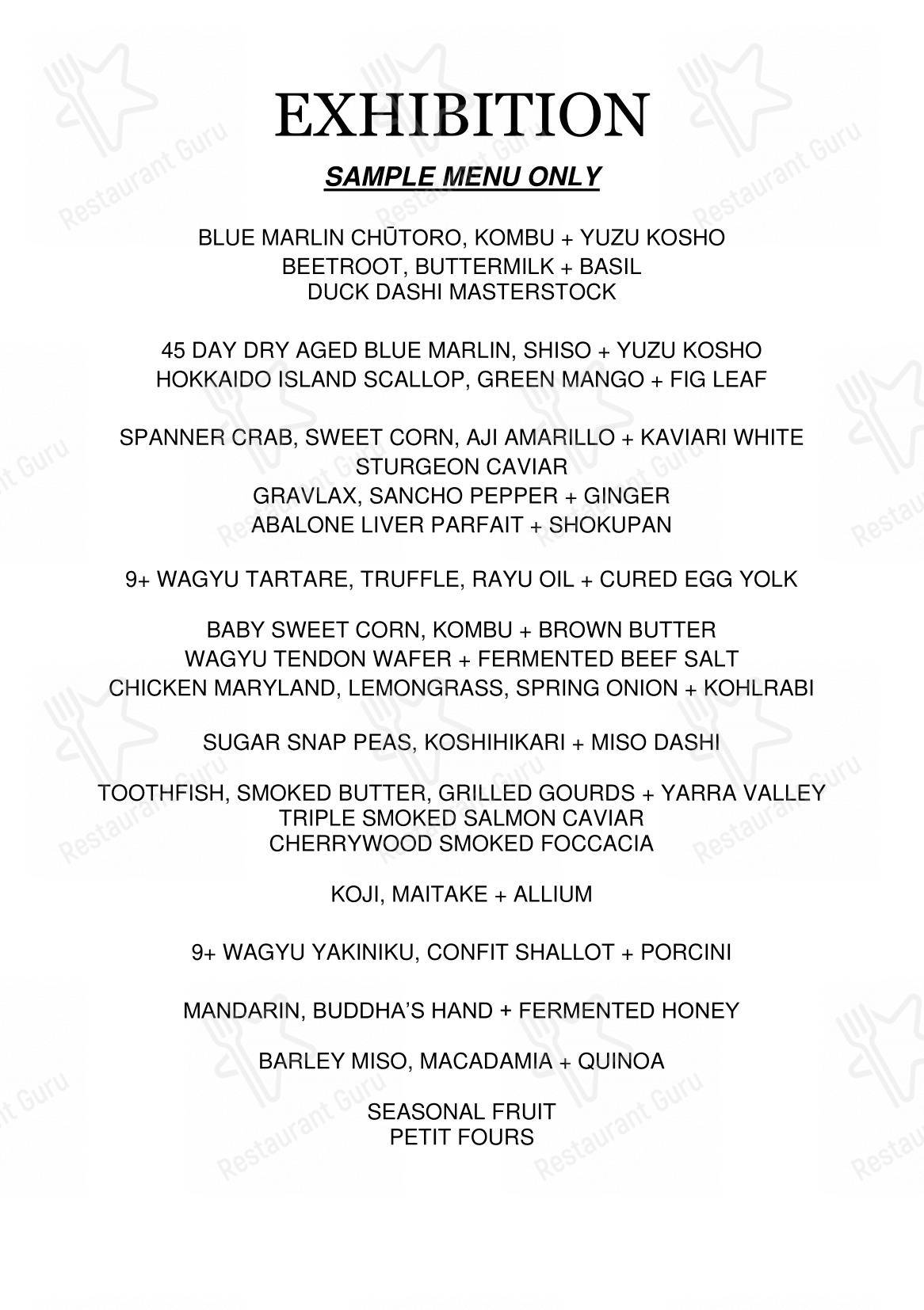Menu at Exhibition Restaurant, Brisbane City