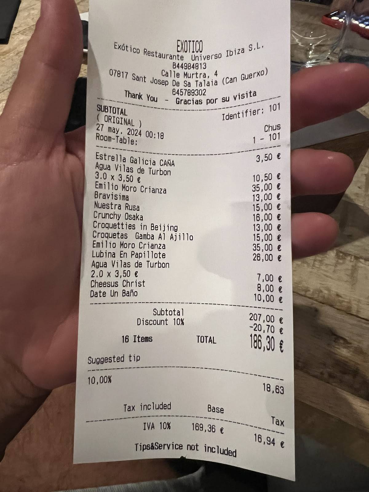 Carta del restaurante Exótico Ibiza, Ibiza