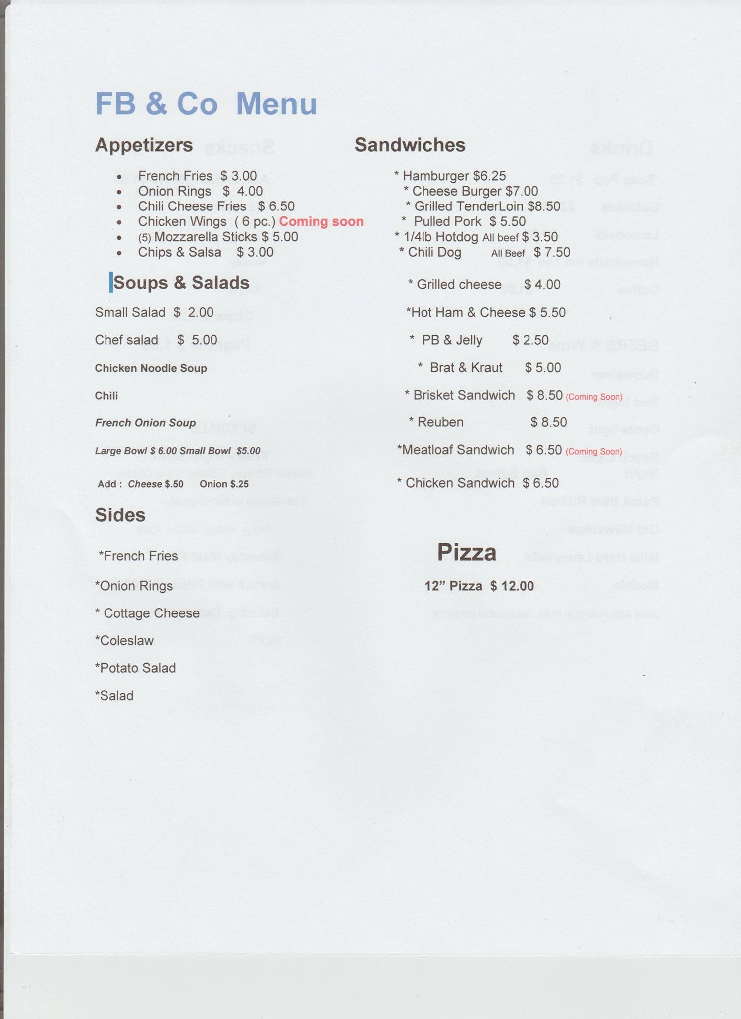 Menu at F B & Co pub & bar, Waubeek