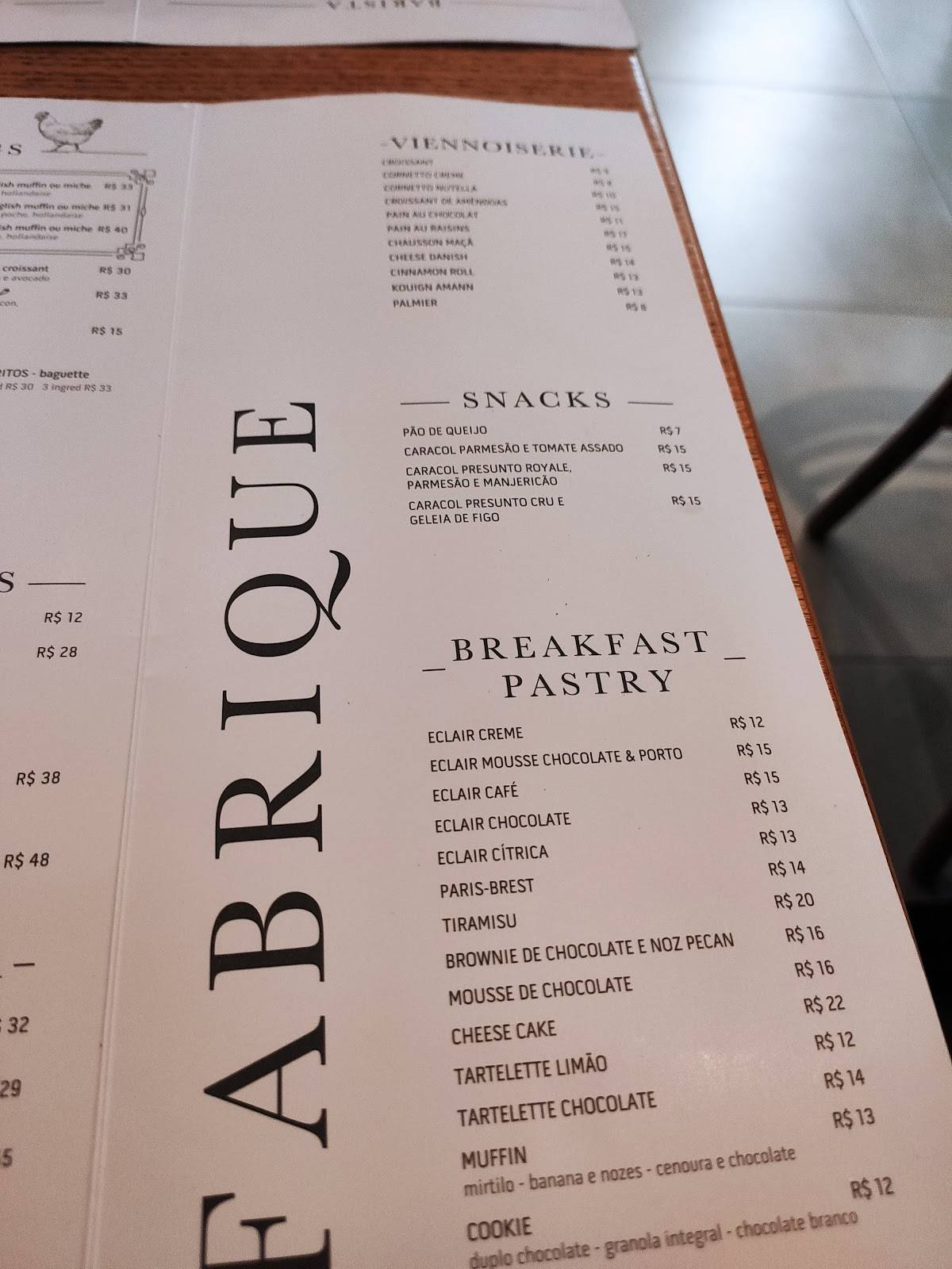 Menu em Fabrique Pão e Café - Vila Romana, São Paulo, R. Faustolo