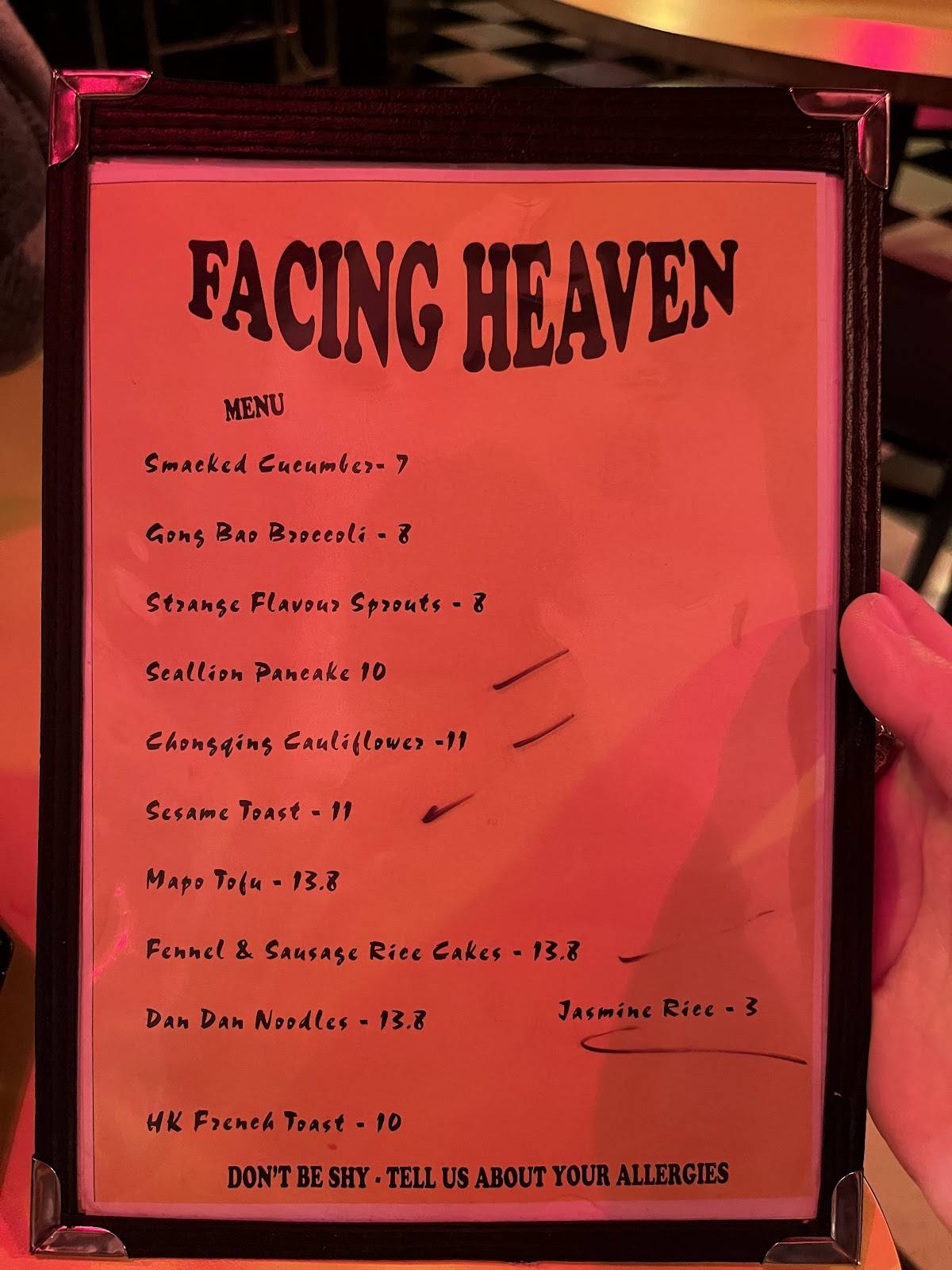 Menu at Facing Heaven restaurant, London