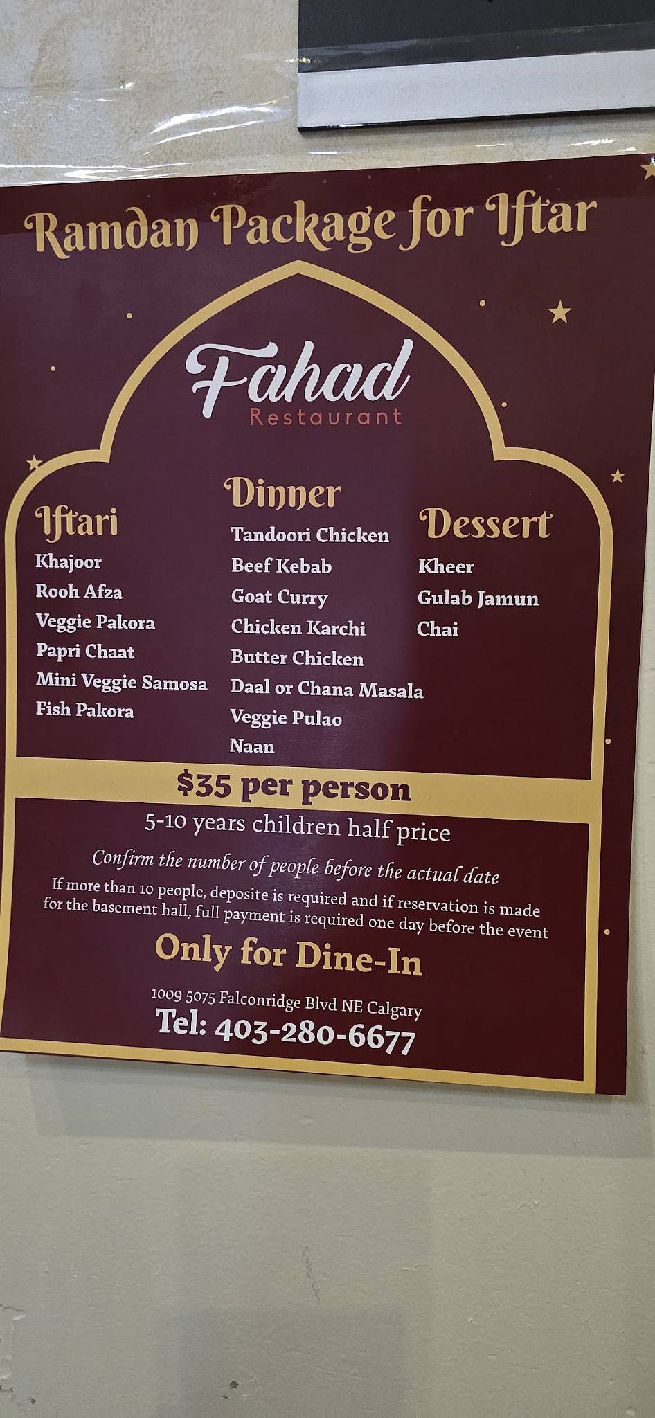 Menu at Fahad Restaurant & Banquet Hall, Calgary