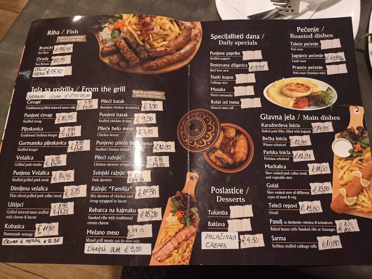 Menu at Familija Serbian Restaurant, Saint Paul's Bay