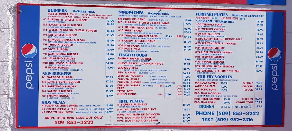 Menu at Famous Burger & Teriyaki Sandwich restaurant, Yakima