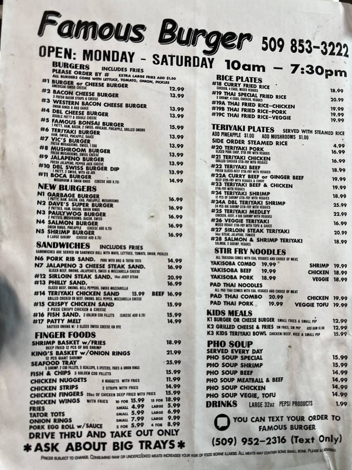 Menu at Famous Burger & Teriyaki Sandwich restaurant, Yakima